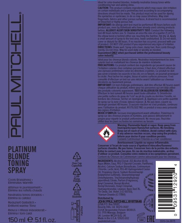 Paul Mitchell Platinum Blonde Purple Toning Spray, Cools Brassiness, Eliminates Warmth, For Color-Treated Hair + Naturally Light Hair Colors, 5.1 Fl Oz