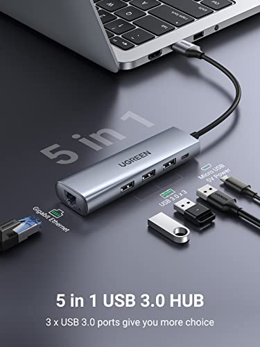 UGREEN USB 3.0 Ethernet Adapter Hub with RJ45 10 100 1000 Gigabit Ethernet Converter LAN Wired Network Adapter 3 Ports USB 3.0 Hub Compatible for MacBook Mac Mini iMac Surface Pro Chromebook Laptop PC