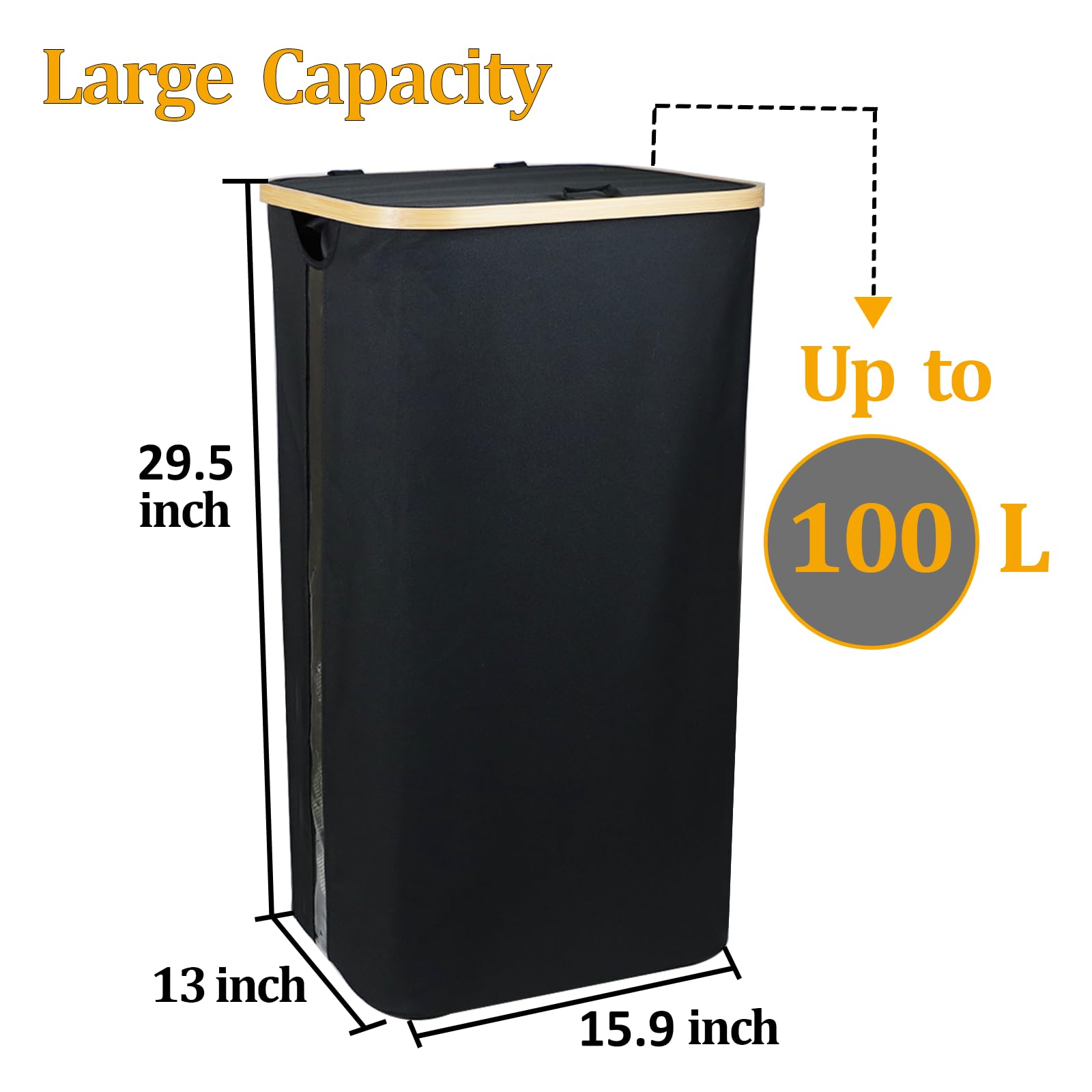 Laundry Basket with Lid, 100L Large Laundry Hamper with Lid & Removable Bag, Foldable Dirty Clothes Hamper with Bamboo Handles, Visible Clothes Basket Organizer for Bedroom, Bathroom & Laundry Room