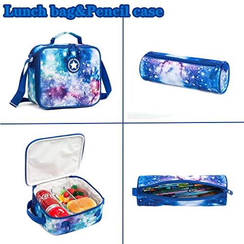 Oruiji Large Rolling Backpack for Boys Backpack with Lunch Box Pencil Case Galaxy Wheeled Backpack Carry on Luggage for Teen Boys