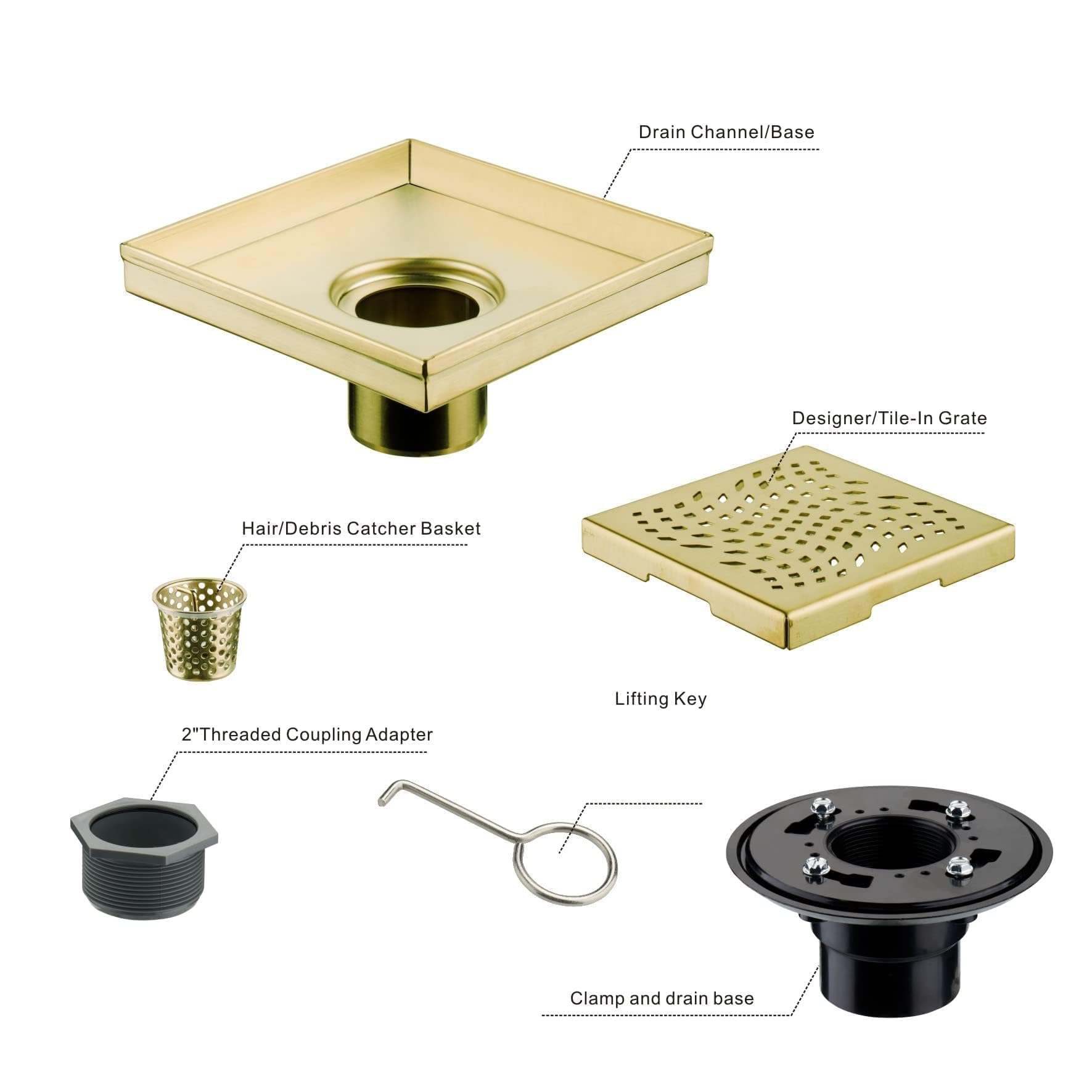 Gold Brushed Shower Drain with Flange, HIDROP SUS 304 Stainless Steel 6 inch Square Shower Floor Drain with Removable Hair Strainer
