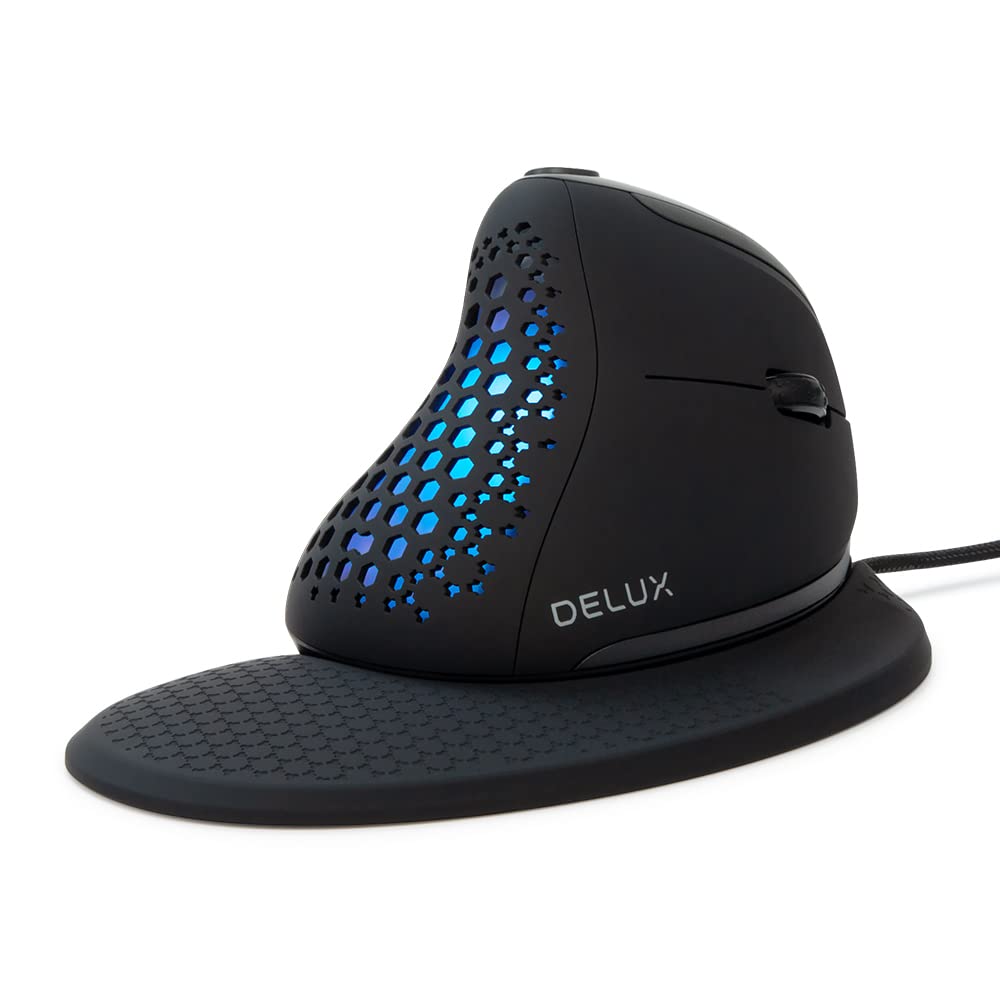 DeLUX Seeker Wired Ergonomic Vertical Mouse with Thumb Wheel, Optical Computer Mouse with 6 Programmable Buttons, 4000 DPI, LED Backlight, Removable Wrist Rest for Carpal Tunnel(M618XSU-Black)