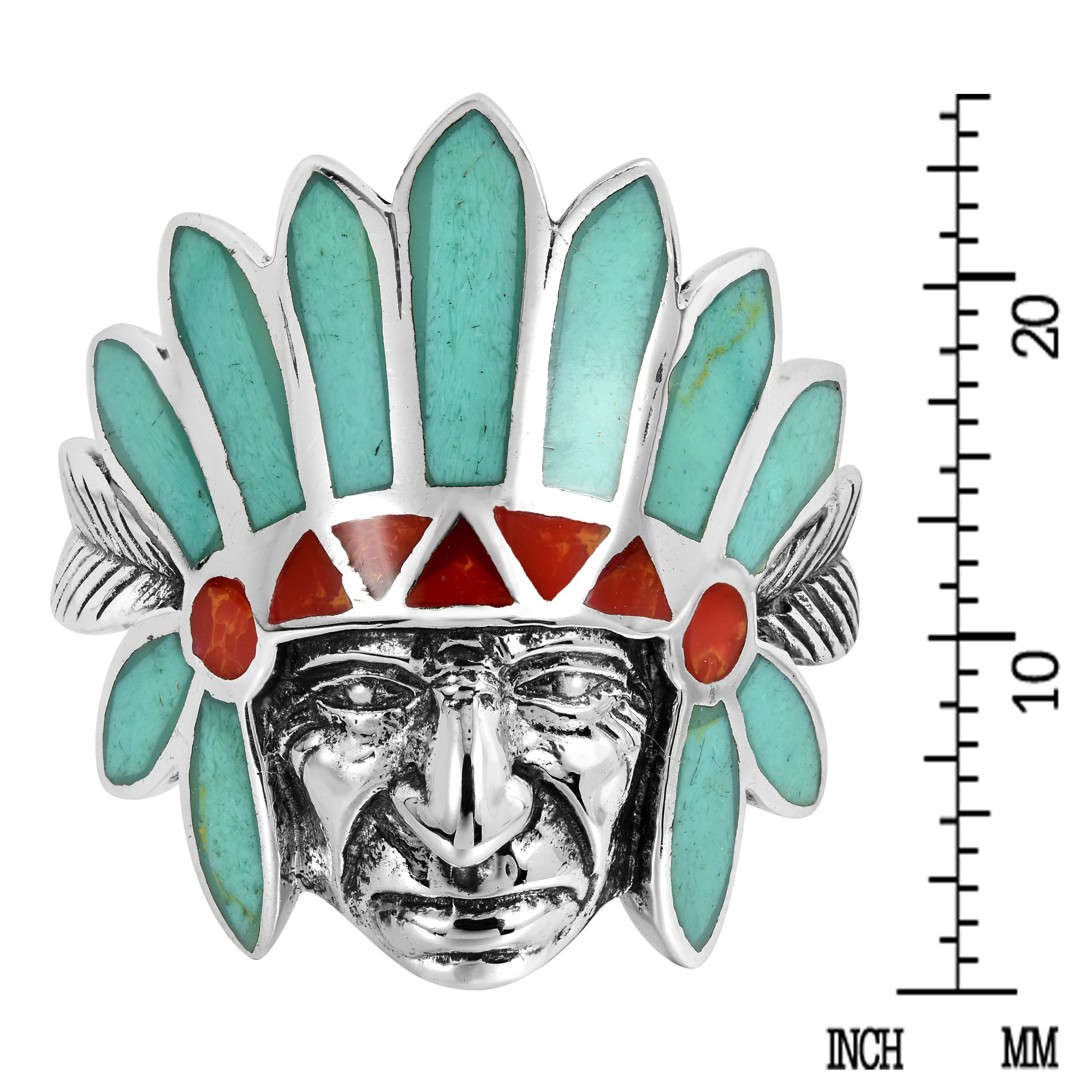 AeraVida Native American Style Reconstructed Red Coral-Green Simulated Turquoise Inlay .925 Sterling Silver Ring (9)