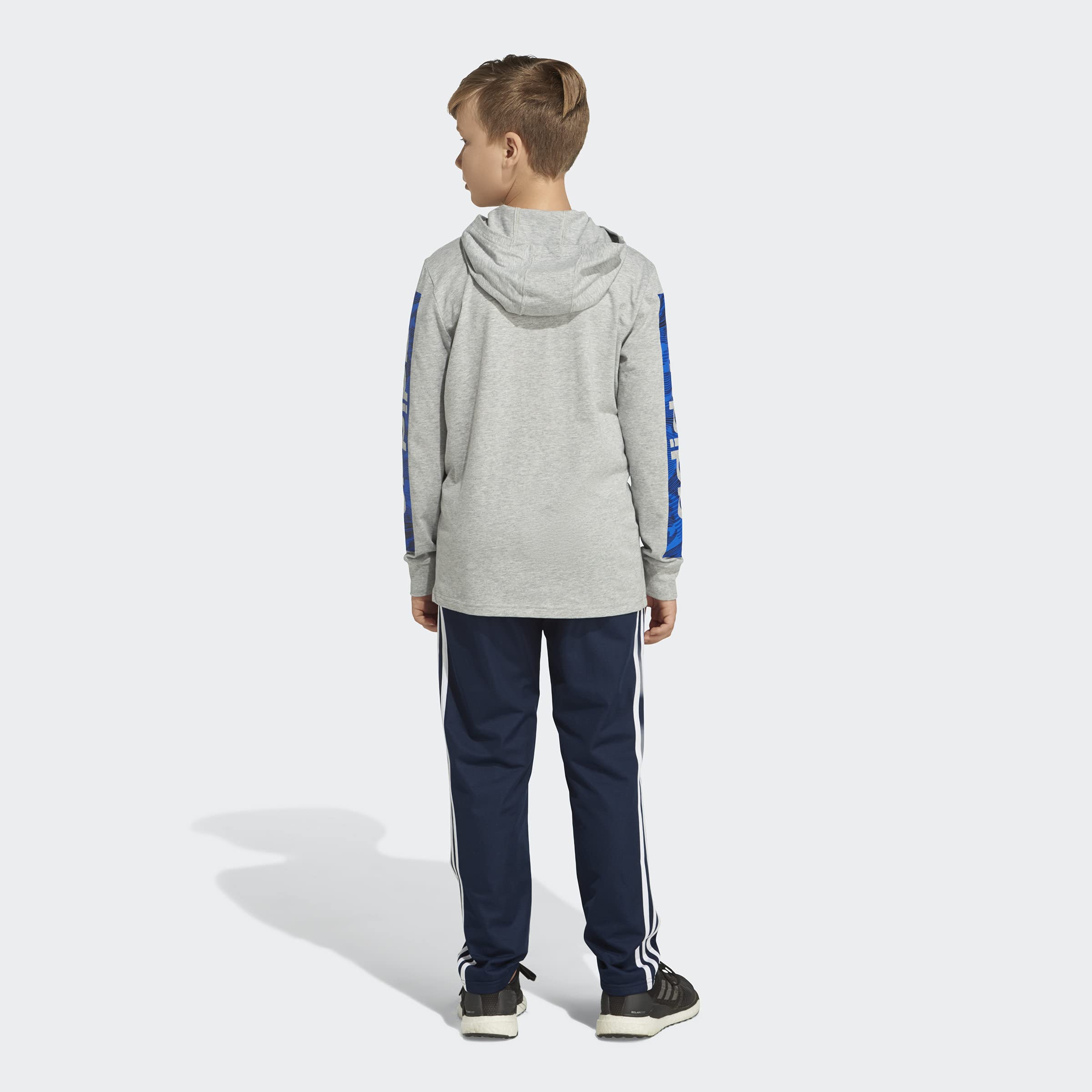 adidas boys Long Sleeve Linear Camo Hooded Heather Tee T Shirt, Charcoal Grey Heather, Small US