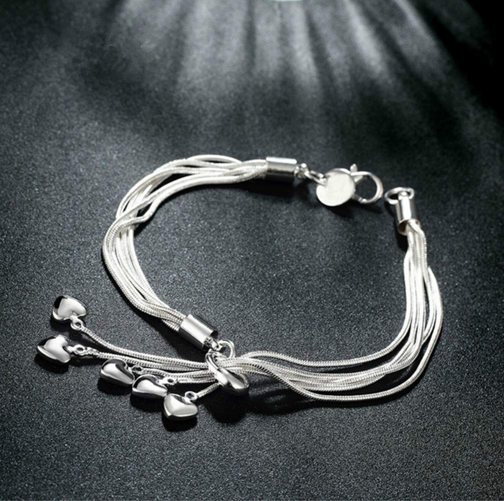 925 Sterling Silver Five-Line Chain with Five-Heart Bracelet Bangle
