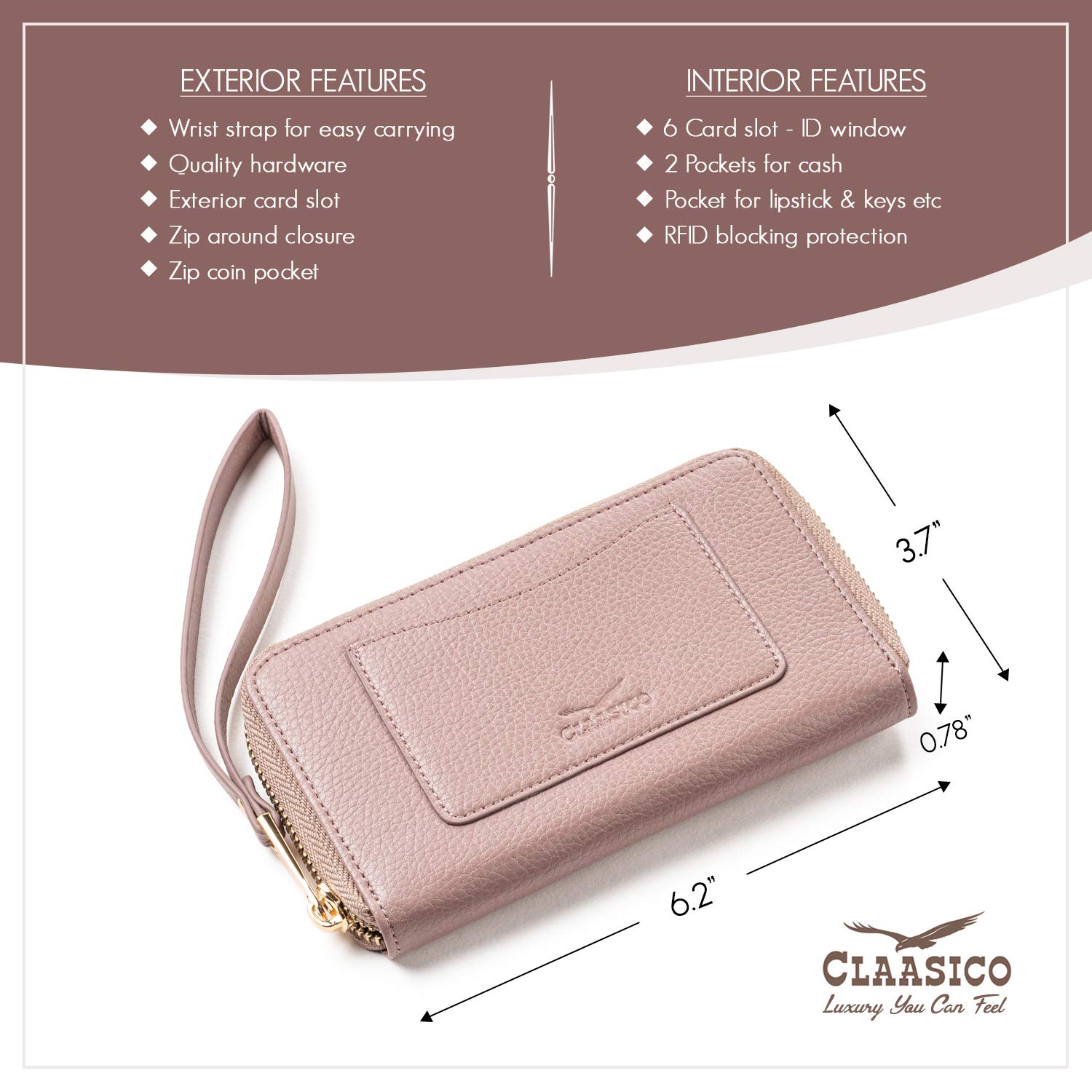 Claasico Women's Slim Wristlet Wallet | RFID Block, 6 Credit Card, Money & Receipt Organizer