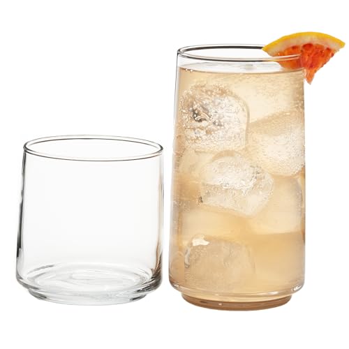 Anchor Hocking Finlandia Drinking Glasses Set, 16 Piece Set (8 Rocks Glasses & 8 Tumbler Glasses)