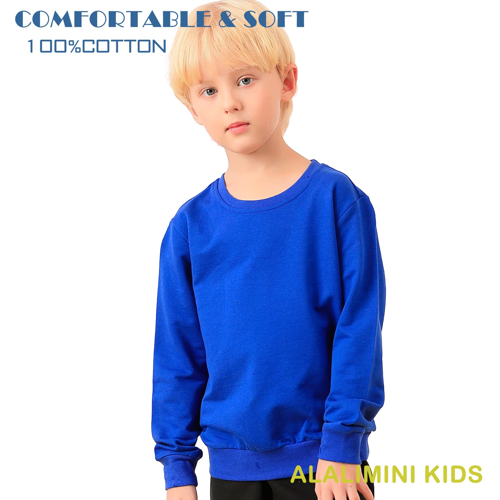 ALALIMINI Boys&Girls Crewneck Sweatshirts Toddler Kids Solid Cotton Long Sleeve Pullover Tshirts (Blue, 5T)