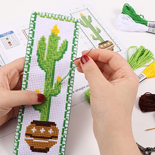 Caydo 3 PCS Cross Stitch Bookmark Kits, Stamped Embroidery Bookmark Kit for Kids Adults Beginner, DIY Counted Crossstitch Christmas Gift for Book Lovers(Green Plants)