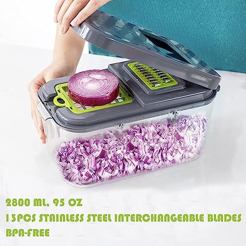 Chopper Vegetable Cutter 22-in-1, Mandoline Slicer with 13 Blades, with Container | Cutter | Egg Slicer | Cheese Grater | Veggie Dicer | Onion Mincer Chopper (GREEN)