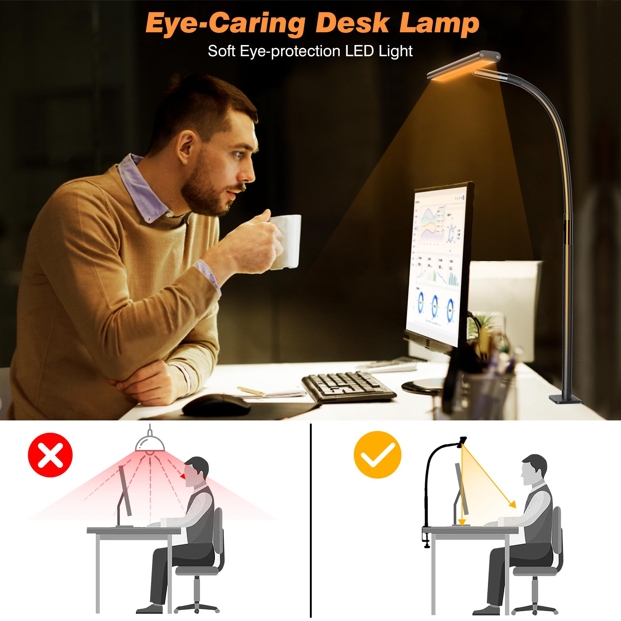 Airlonv LED Desk Lamp for Office Home, Eye-Caring Desk Light with Stepless Dimming Adjustable Flexible Gooseneck, 10W USB Adapter Desk Lamp with Clamp for Reading, Study, Workbench (Black)