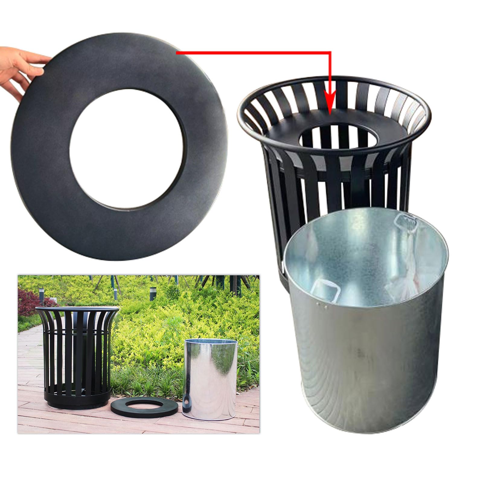Anxeit Outdoor Metal Slatted Trash Receptacle,Waste Receptacle,Commercial Trash Cans,Zone Round Garbage Bin,Square Hotel Street Patio Indoor Metal Stan (Large - Black)