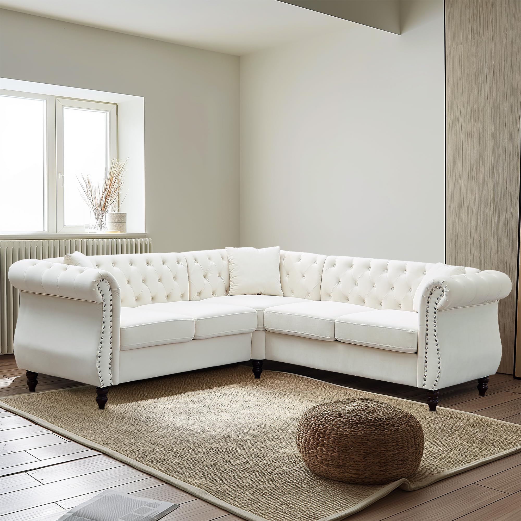 ATUMON 83.5" Oversized L-Shaped Corner Velvet Couch,Heavy Duty Solid Wood Frame and Sturdy Wood Legs,5-Seater Corner Sofas with 3 Pillows for Living Room, Bedroom, Apartment, Office (83.5" Beige)