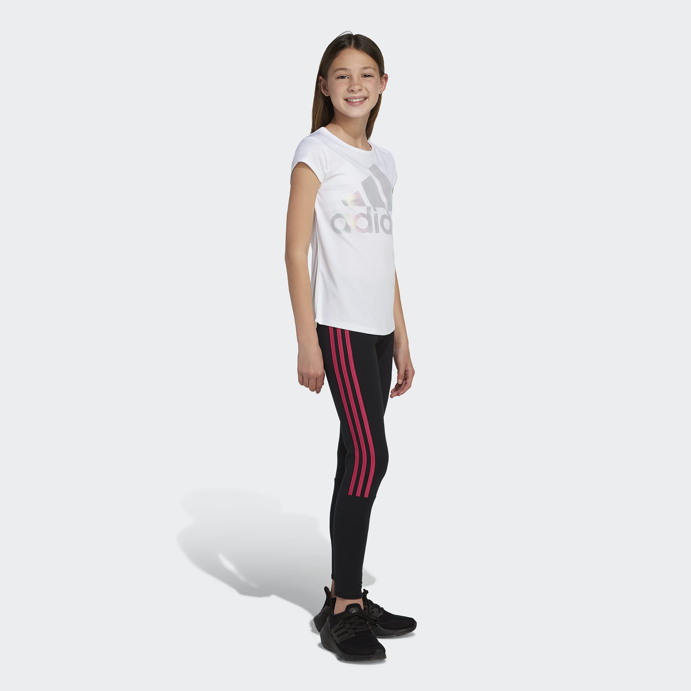 adidas girls 3-stripes Logo Tights Leggings, Black With Pink, Large US