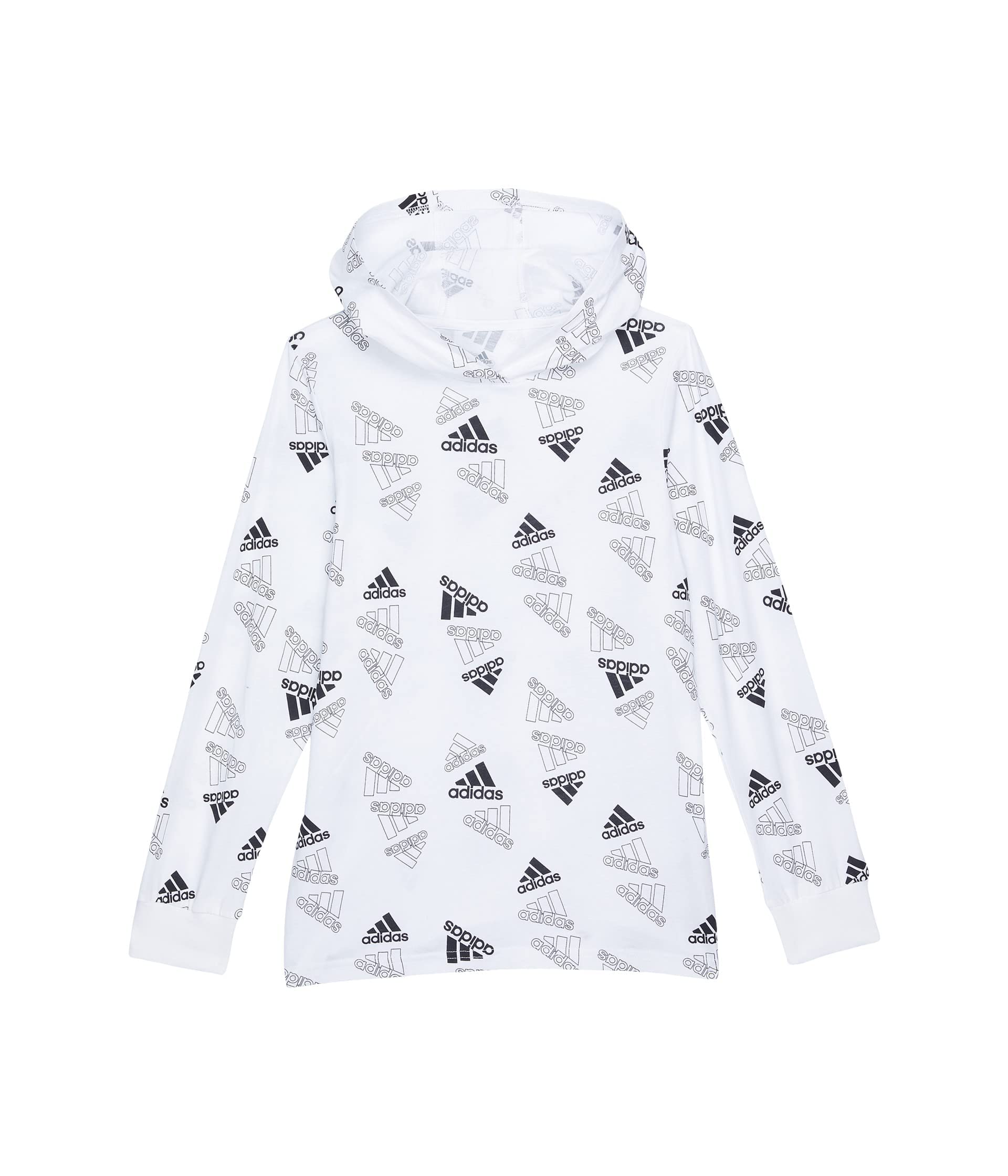 adidas Boys' Long Sleeve Cotton Allover Logo Hooded T-Shirt, White, Medium (10/12)