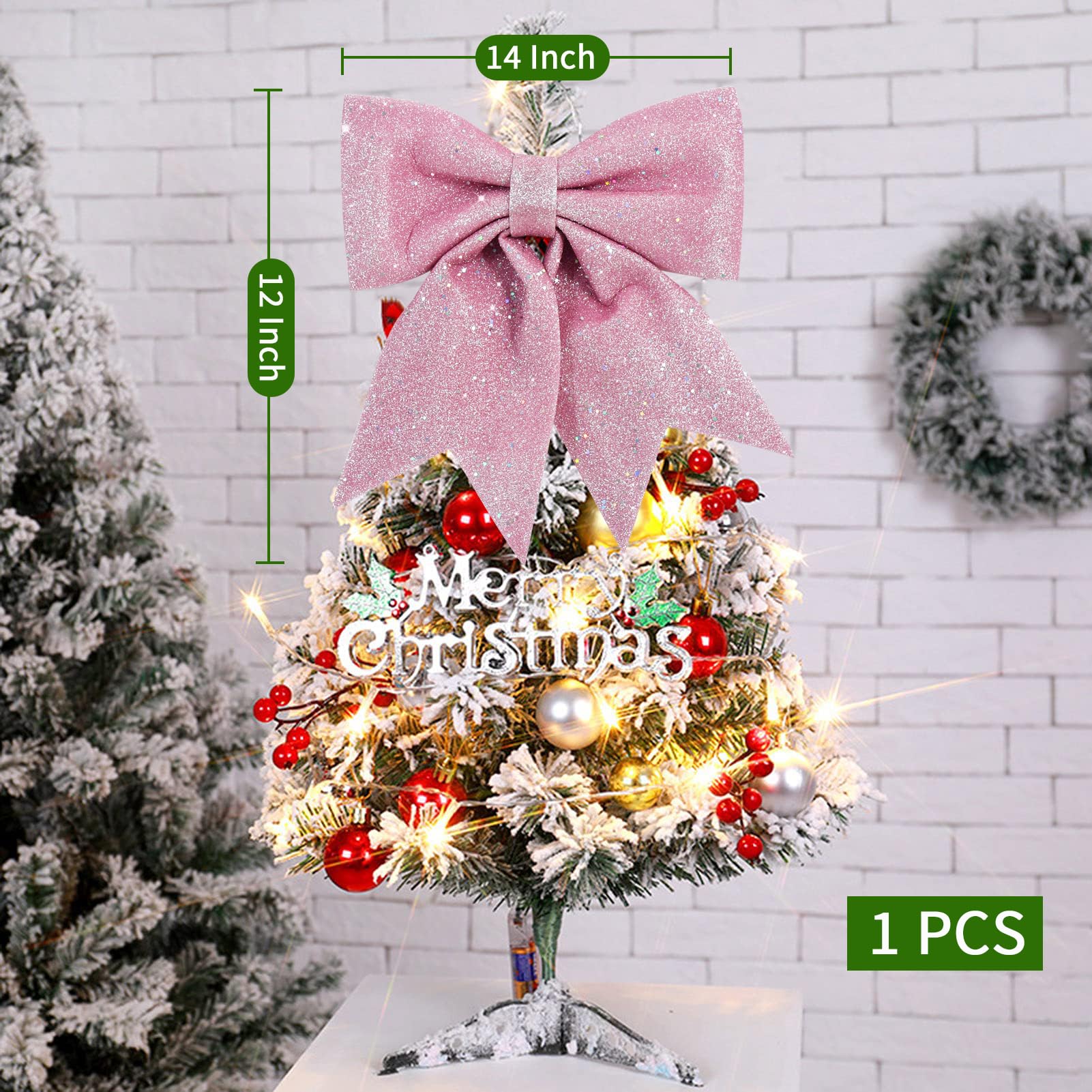 TONIFUL 12x14 Inch Glitter Bow Pink Shiny Christams Bow for Home Party Wedding Indoor Decoration， Gift Wrapping Accessories, Christams Whreath Bow DIY Handcraft Bow