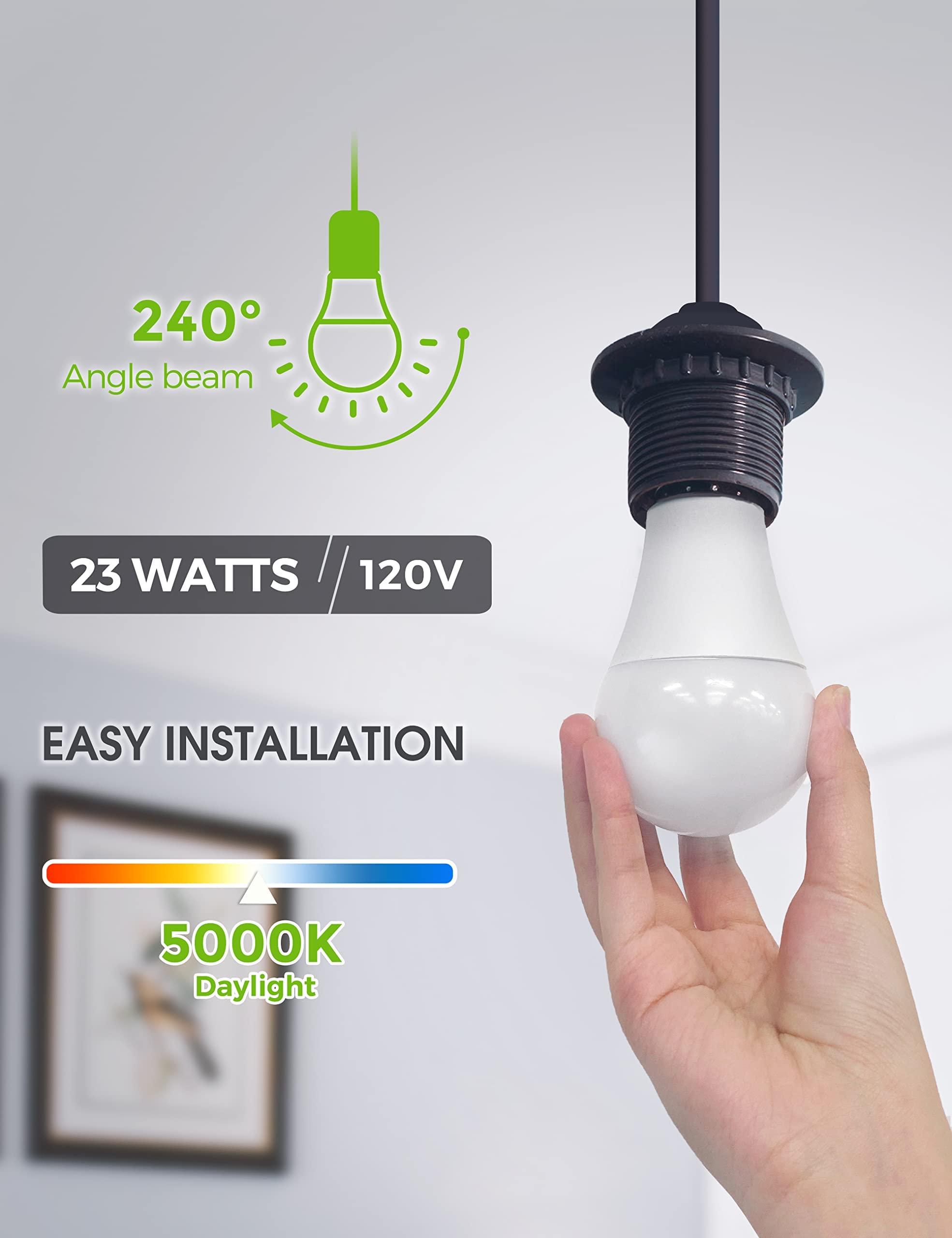 LOHAS Super Bright White LED Light Bulb, A21 23W(150-200Watt Equivalent), 2500 High Lumen, 5000K Daylight White, Garage Light Bulbs, E26 Porch Light Bulb, Non-Dim, No Flicker for Home Lighting, 2-Pack