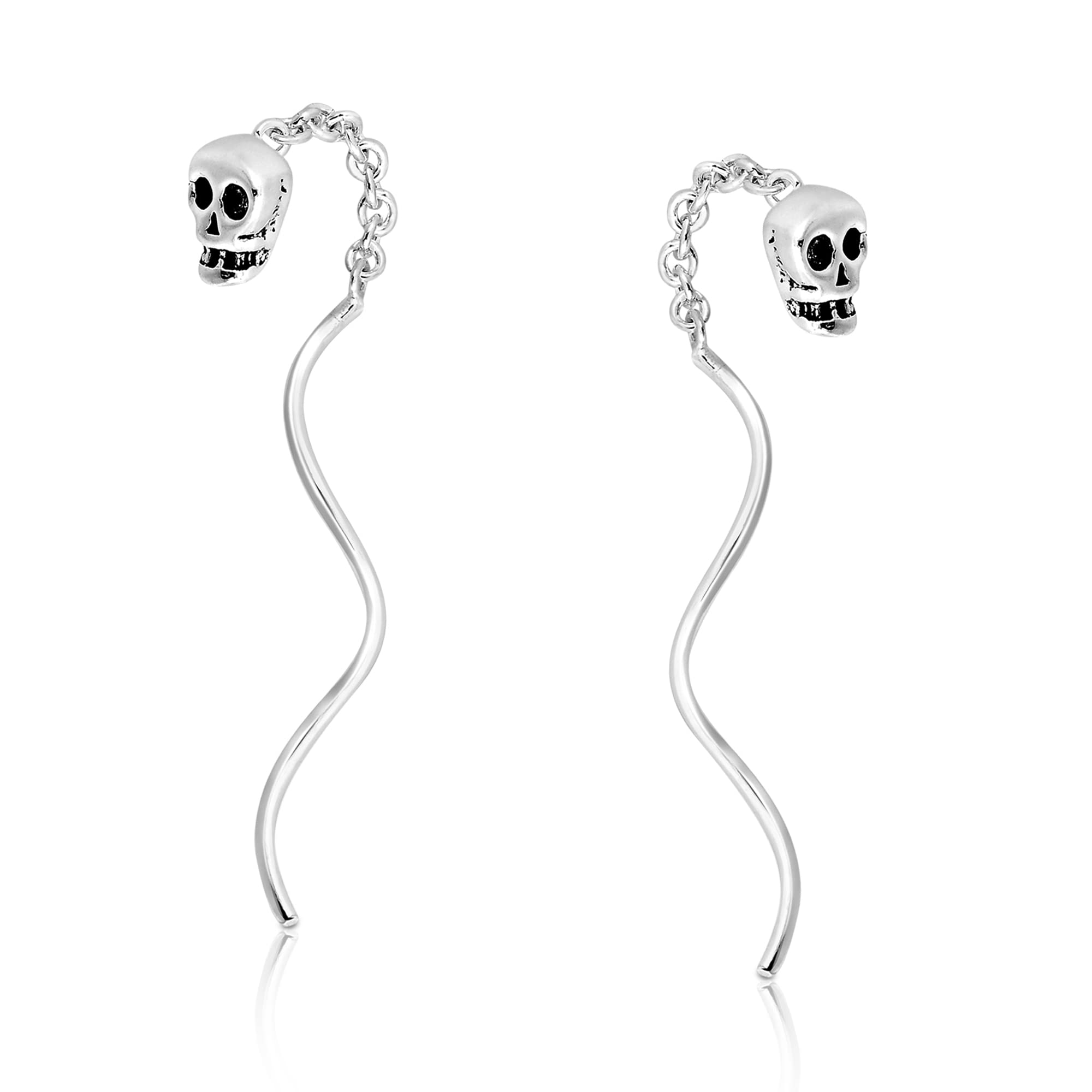 AeraVida Tiny Skull Chain Threader Spiral Halloween Sterling Silver Earrings, 0.11x0.15 inch
