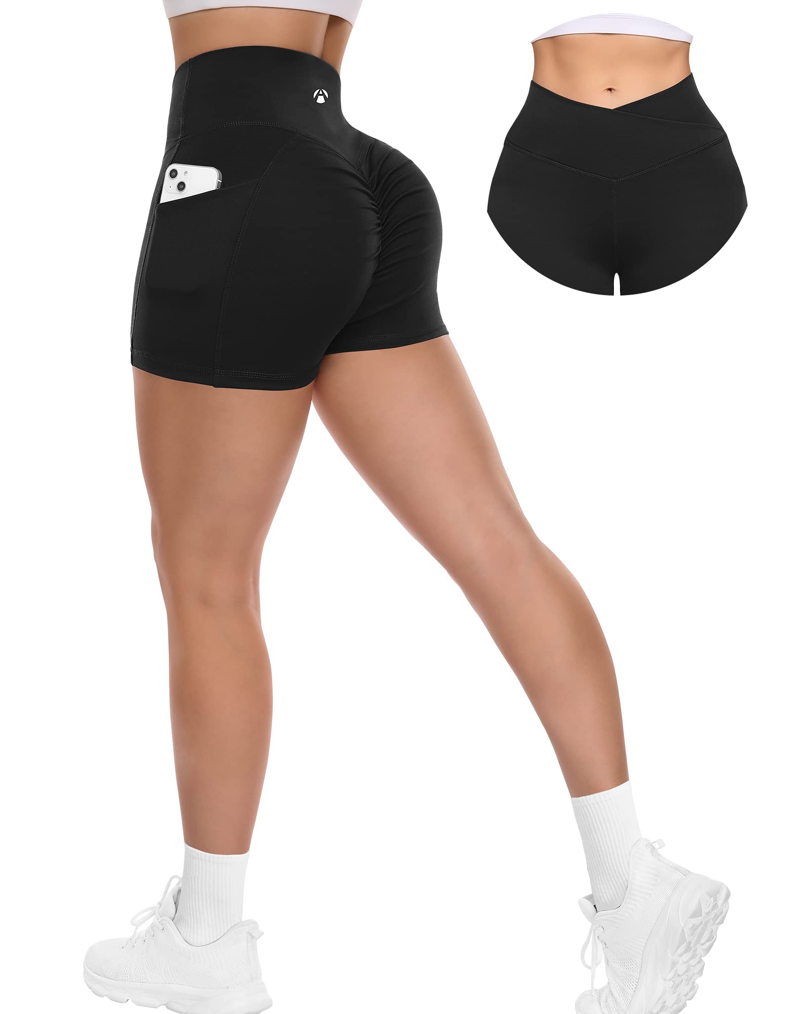 A AGROSTE Women Cross Waist Workout Shorts with Pockets 3" Scrunch Butt Lifting Shorts High Waist Booty Biker Short