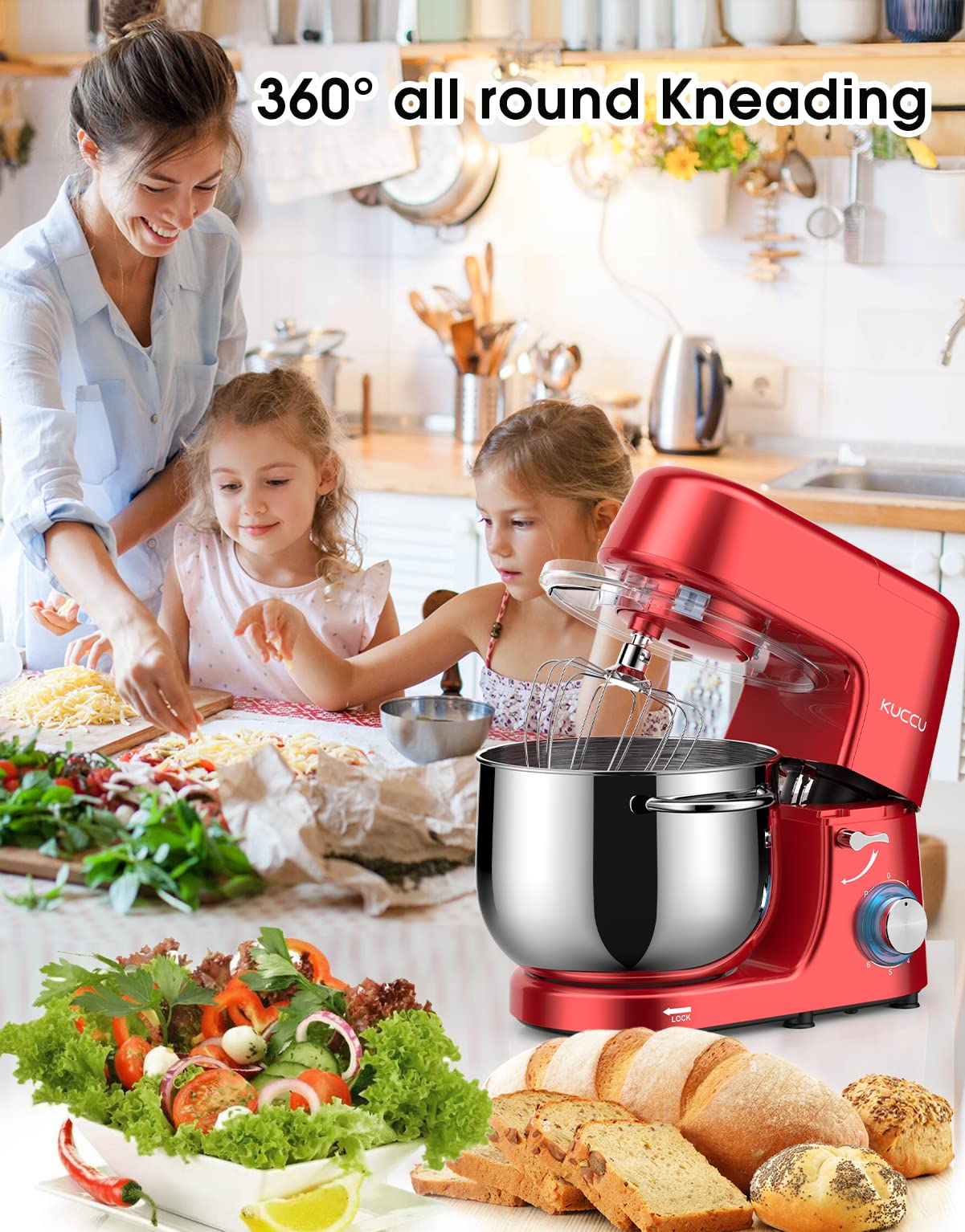 8.5 QT Double Handle KUCCU Stand Mixer, 6 Speed with Pulse Electric Kitchen Mixer, 660W Tilt-Head Food Mixer with Dishwasher-Safe Dough Hook, Flat Beater, Whisk, Splash Guard for home baking (Red)