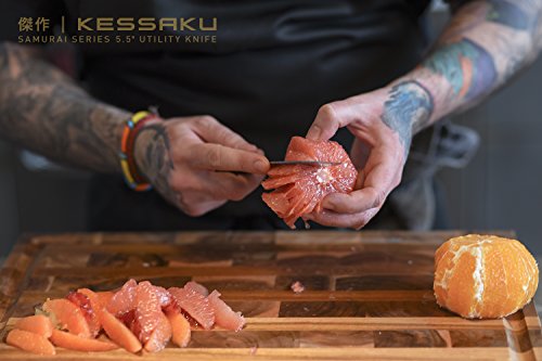 KESSAKU Utility Knife - 5.5 inch - Samurai Series - Razor Sharp Kitchen Knife - Forged 7Cr17MoV High Carbon Stainless Steel - Wood Handle with Blade Guard
