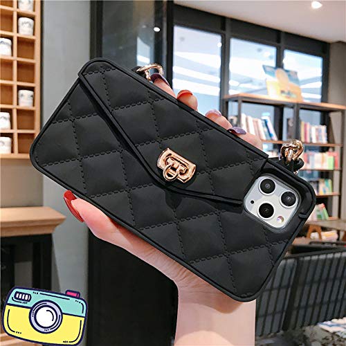 UnnFiko Wallet Case Compatible with iPhone 11, Cute Light Luxury Bag Design, Purse Flip Card Pouch Cover Soft Silicone Case with Handstrap Long Shoulder Strap (Black, iPhone 11)