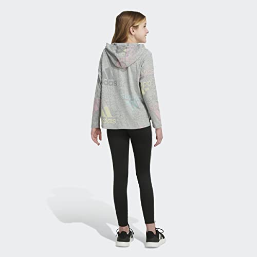 adidas Girls' Long Sleeve Hooded Graphic Tee, Grey Heather with Multicolor, 6