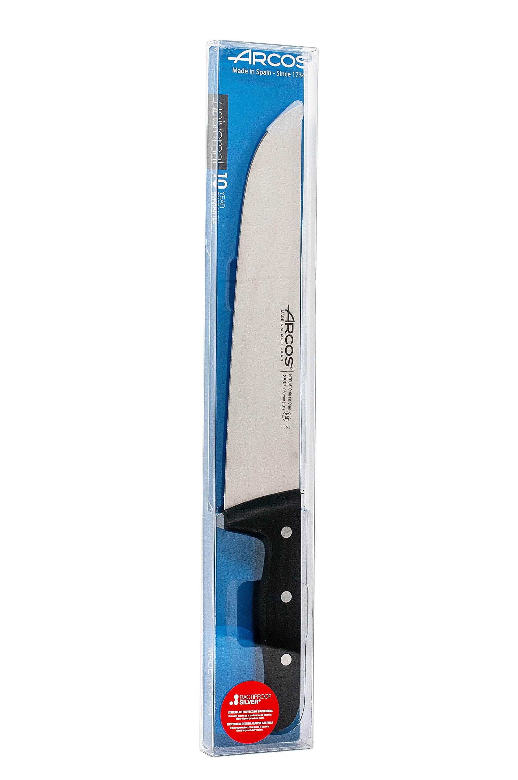 Arcos Butcher Knife 10 Inch Nitrum Stainless Steel and 250 mm blade. 353 gr. Professional Cleaver Knife. Ergonomic Polyoxymethylene POM Handle. Series Universal. Color Black