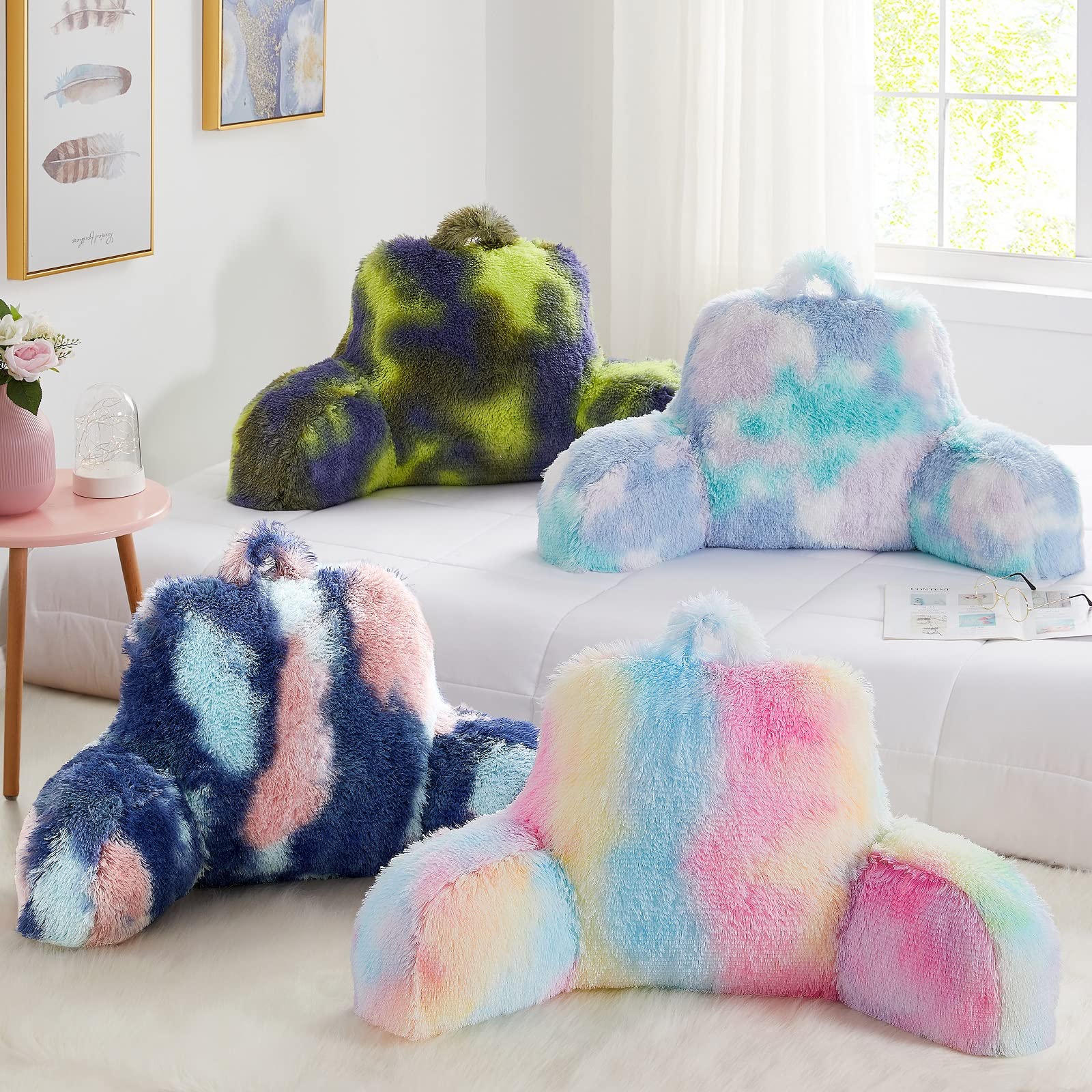 Bedriping Reading Pillow for Bed - Faux Fur Backrest Pillow with Arms, Reading & Bed Rest Pillows Rainbow Colors, Fluffy Sit Up Pillow, Study Pillow for Kid, Tween, Teens & Adult Girls
