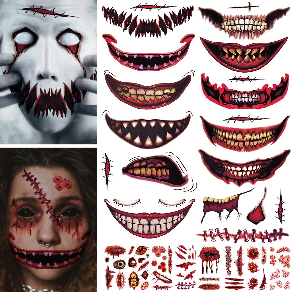 75+ PCS 21 Sheets Halloween Prank Makeup Temporary Tattoos, Horror Clown Face Tattoos, Face Decals Fake Tattoos for Adults and Kids, Zombie Makeup Scar Cosplay Halloween Tattoos for Party Halloween