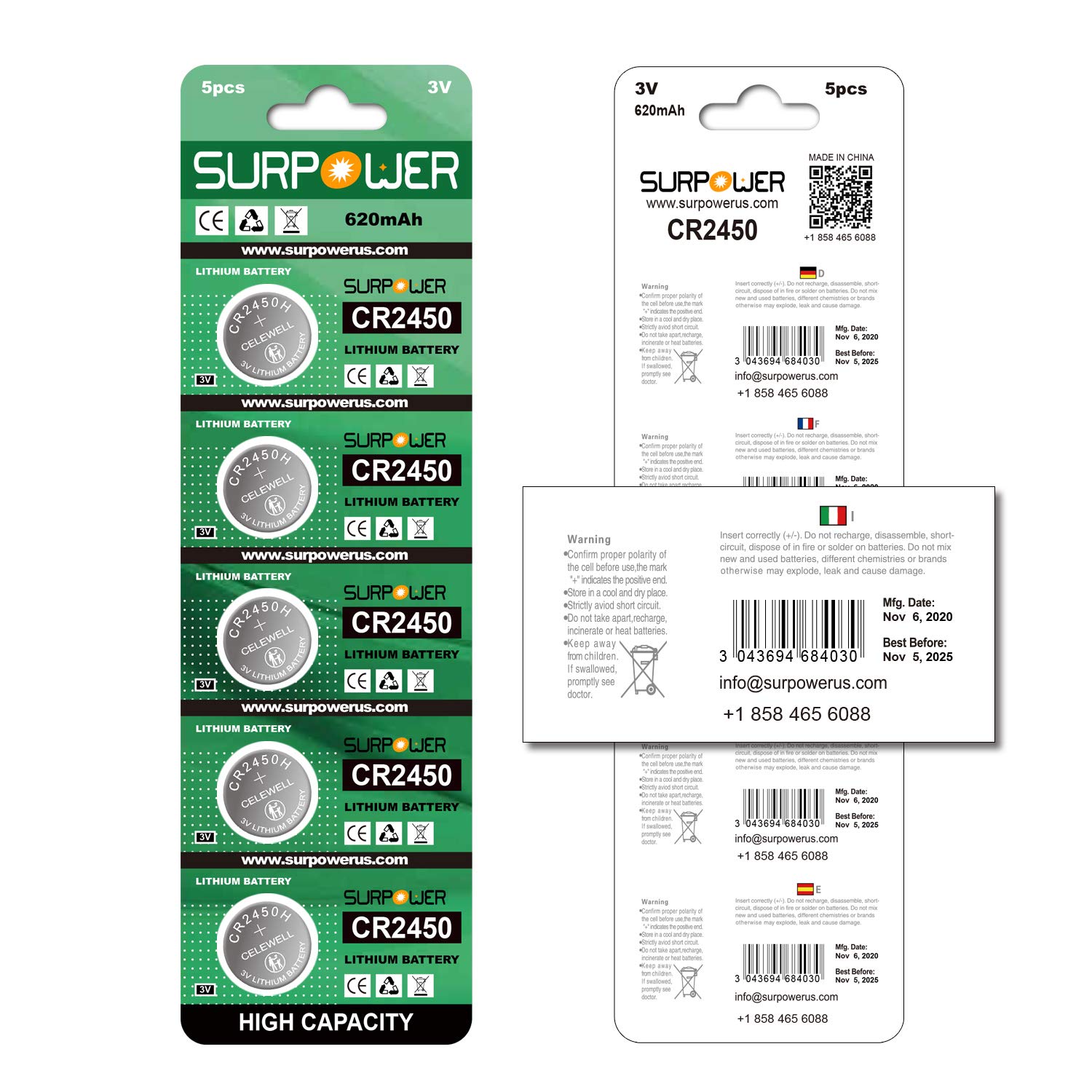 SURPOWER CR2450 3V Lithium Battery DL2450-10 Pack【5-Year Warranty】