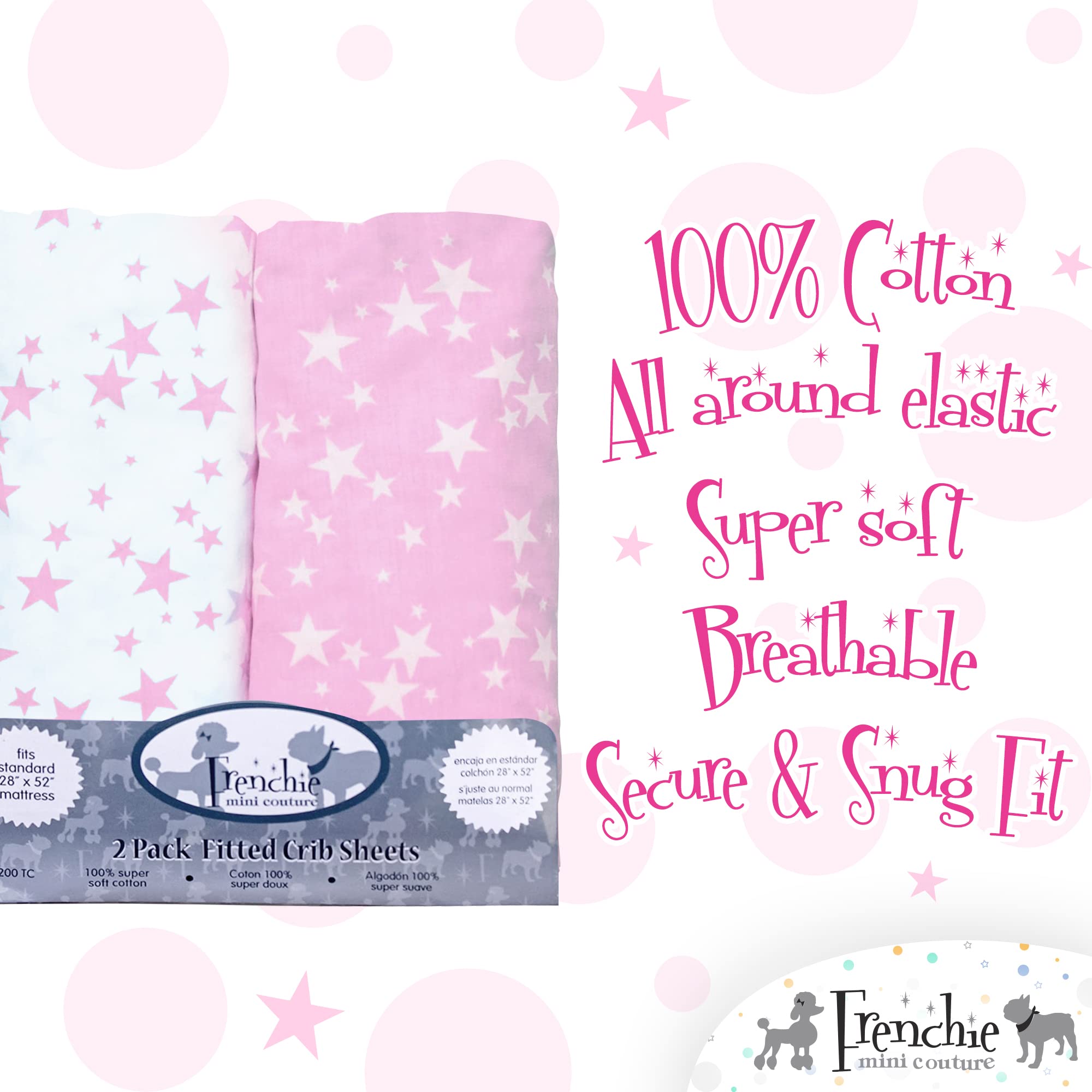 Frenchie Mini Couture Fitted Crib Sheets 100% Woven Cotton Fits Toddler Mattress, Pink Stars, 28 x 52inx8in, 2-Pack