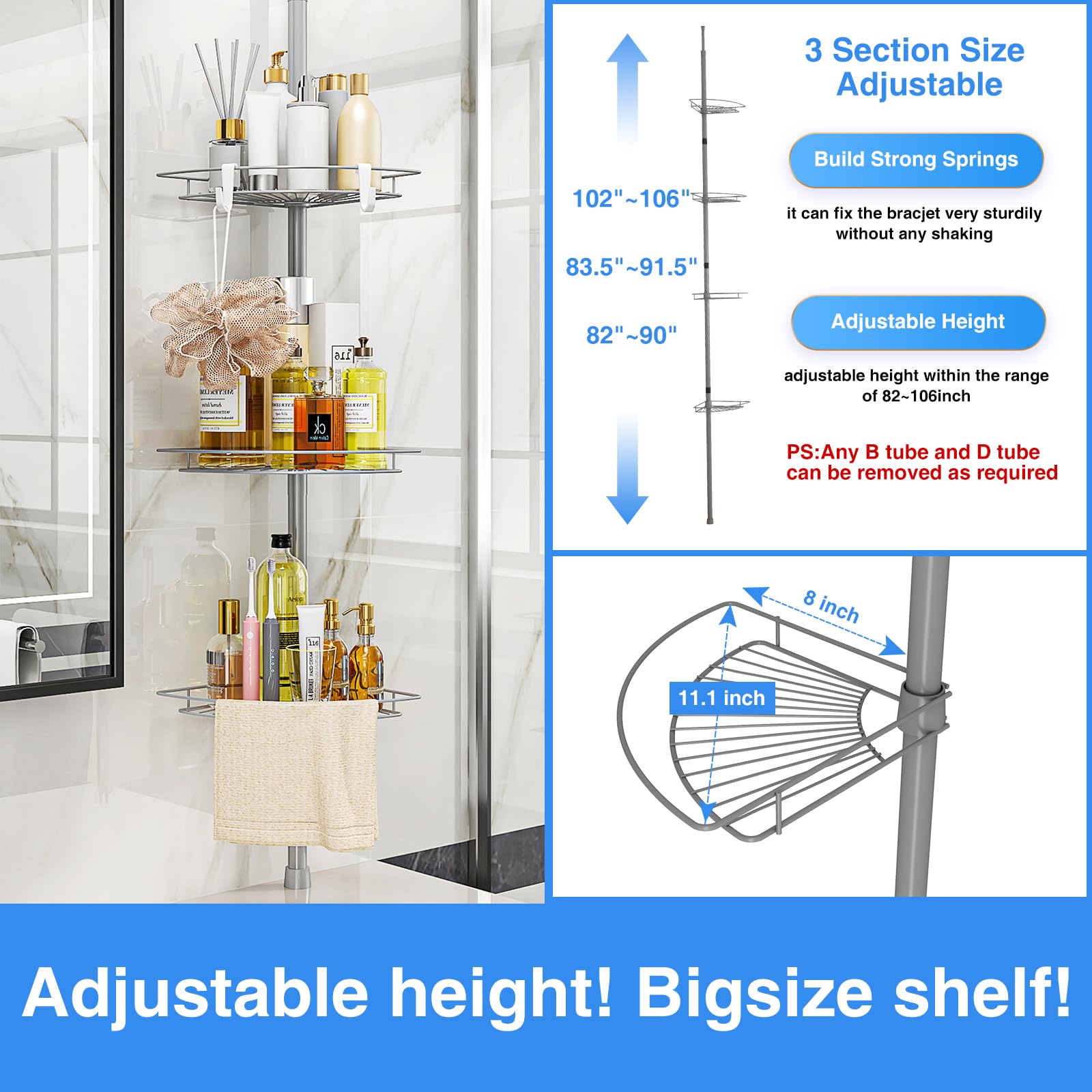 AIYAKA Tension Corner Shower Pole Caddy, Bathroom Storage Organizer, 65 to 106 inch Adjustable Height, with 2 Hooks, Silver