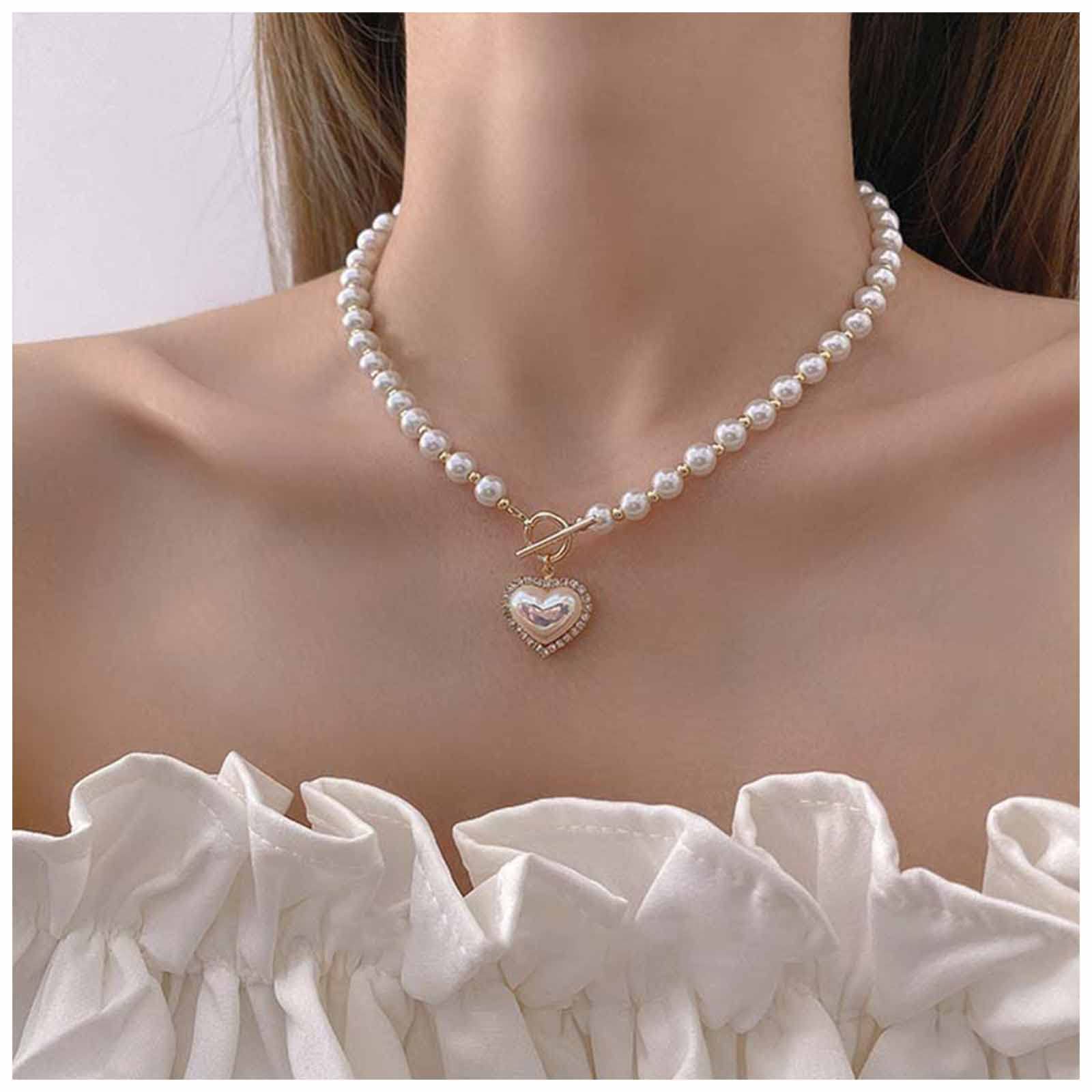 Allereyae Vintage Pearl Choker Necklace Gold Circle T Bar Necklace Bohemia Heart Necklace Love Heart Pendant Necklace Chain Jewelry for Women and Girls (Heart with crystal)