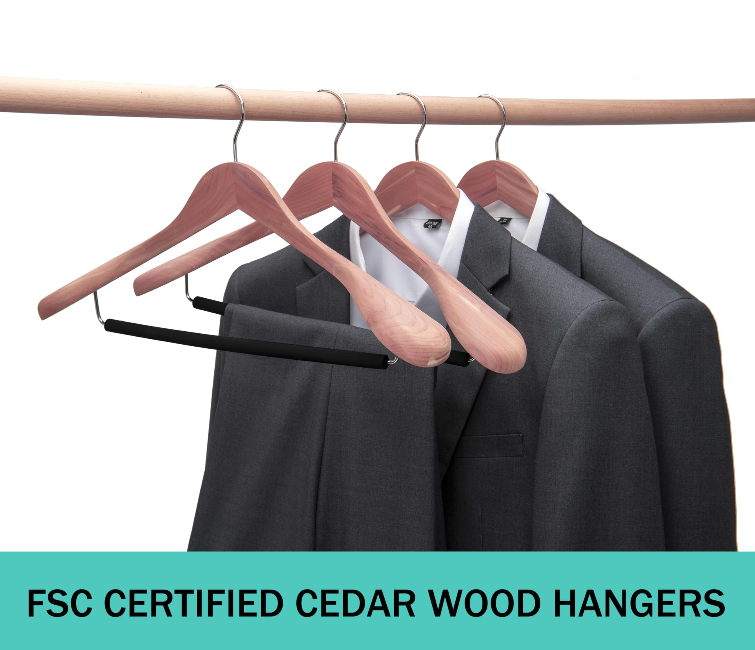 8 Pack Unfinished American Red Cedar Wooden Coat Suit Hangers with Extra Wide Shoulder, Wooden Jacket Clothes Hanger with Non Slip Black Padded Pant Bar- 360°Flexible Hook, Natural- HL03C2