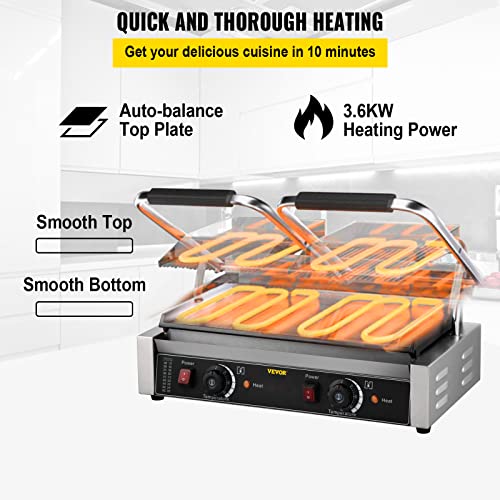 Happybuy Commercial Sandwich Panini Press Grill, 2X1800W Double Flat Plates Electric Stainless Steel Sandwich Maker, Temperature Control 122°F-572°F for Hamburgers Steaks Bacons