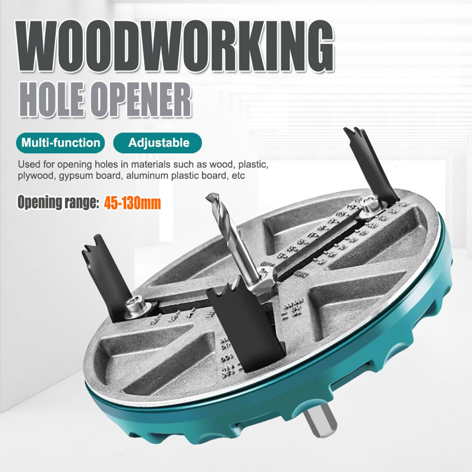 Adjustable Round Hole Saw Tool, Adjustable Punch Saw Tool For Drilling,Adjustable Hole Saw, Adjustable Hole Cutter, Woodworking Tools, Saw Diameter 45-130MM With Bit(Saw+9 Blades)