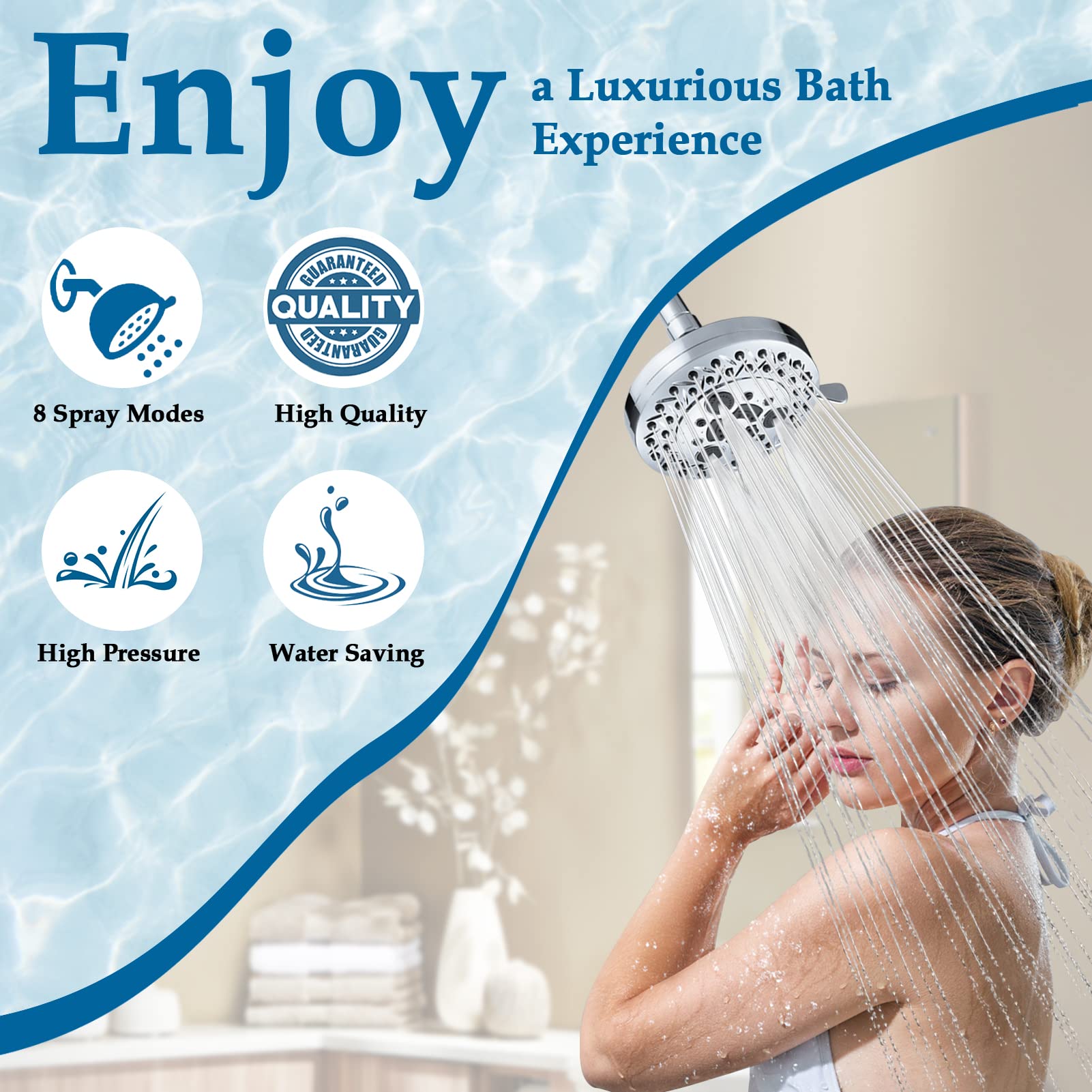 Aiscsc 8 Spray Modes Shower Head, 5 Inch High Pressure Shower Heads with 62 Anti-Clogging Nozzles and Adjustable Brass Ball Joint, Chrome Finish, Replacement for Bathroom Showerhead