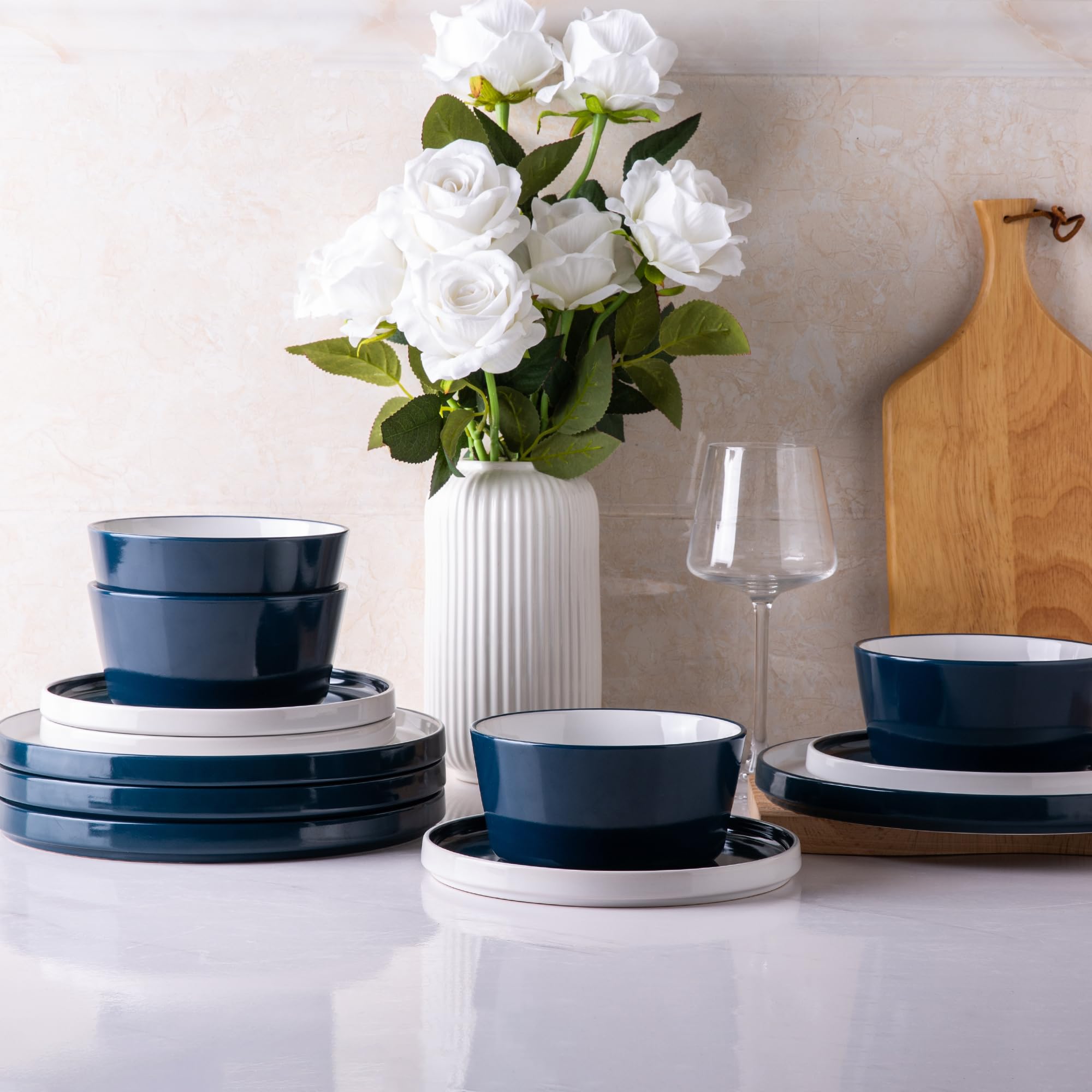 AmorArc Ceramic Dinnerware Sets for 4,12 -Piece Double Color Stoneware Plates and Bowls Set,Chip and Crack Resistant | Dishwasher & Microwave Safe Dishes Set,Service for 4 -White &Gray