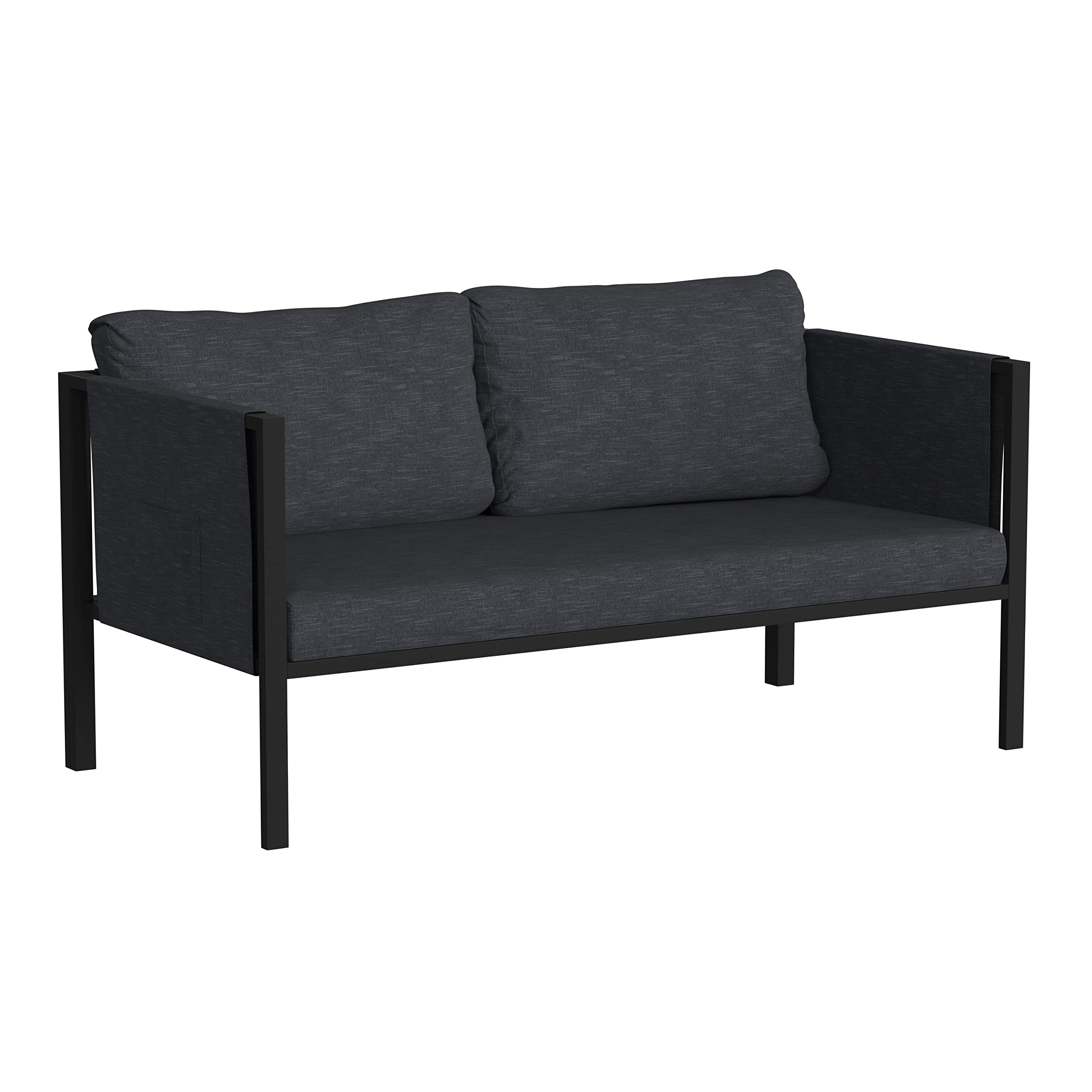 Flash Furniture Lea Indoor/Outdoor Loveseat with Cushions - Modern Steel Framed Chair with Storage Pockets, Black with Charcoal Cushions