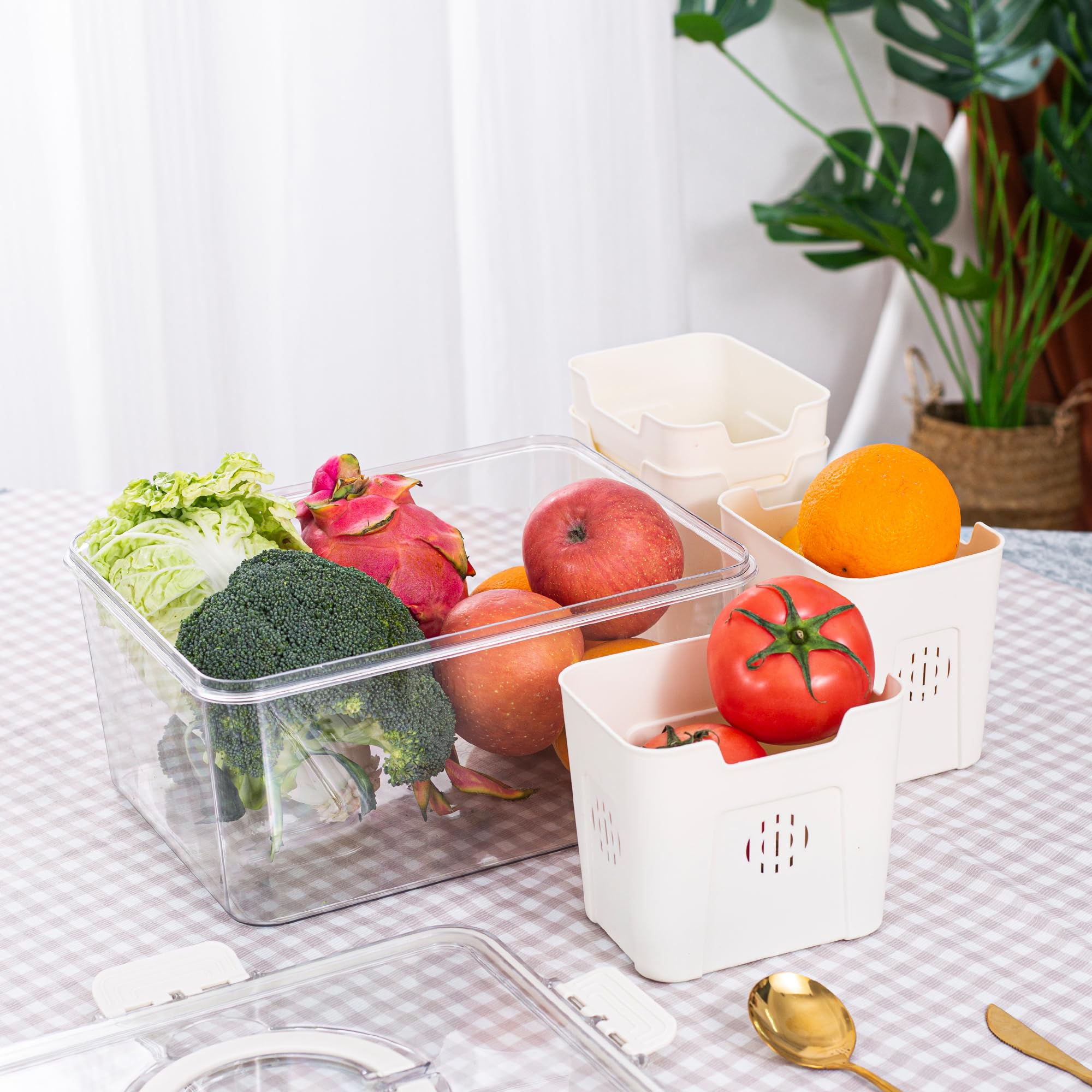 Bandesun Airtight Fruit Storage Containers for Fridge with Lids - 4 Grids, Handle & Removable Colanders, BPA-Free Fresh Produce Saver & Refrigerator Organizer Bins