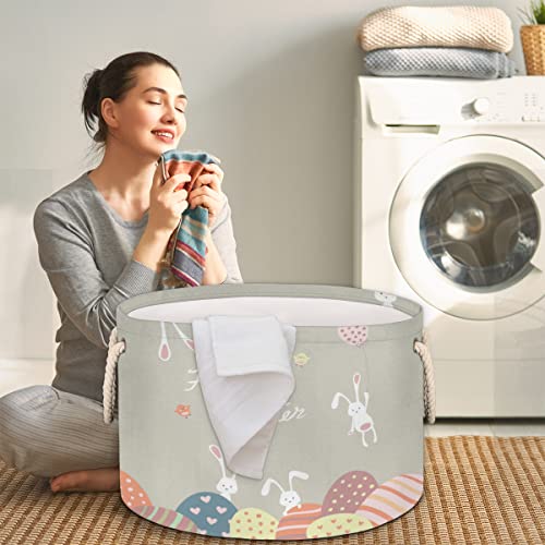 Happy Easter Egg And Rabbit Large Round Baskets for Storage Laundry Baskets with Handles Blanket Storage Basket for Bathroom Shelves Bins for Organizing Nursery Hamper Girl Boy