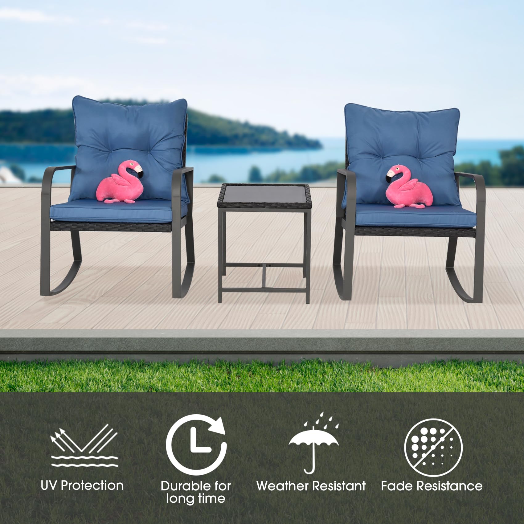 Temminkii 3 Pieces Patio Bistro Set Outdoor Rocking Chair w Cushion for Yard Garden Poolside (Blue)