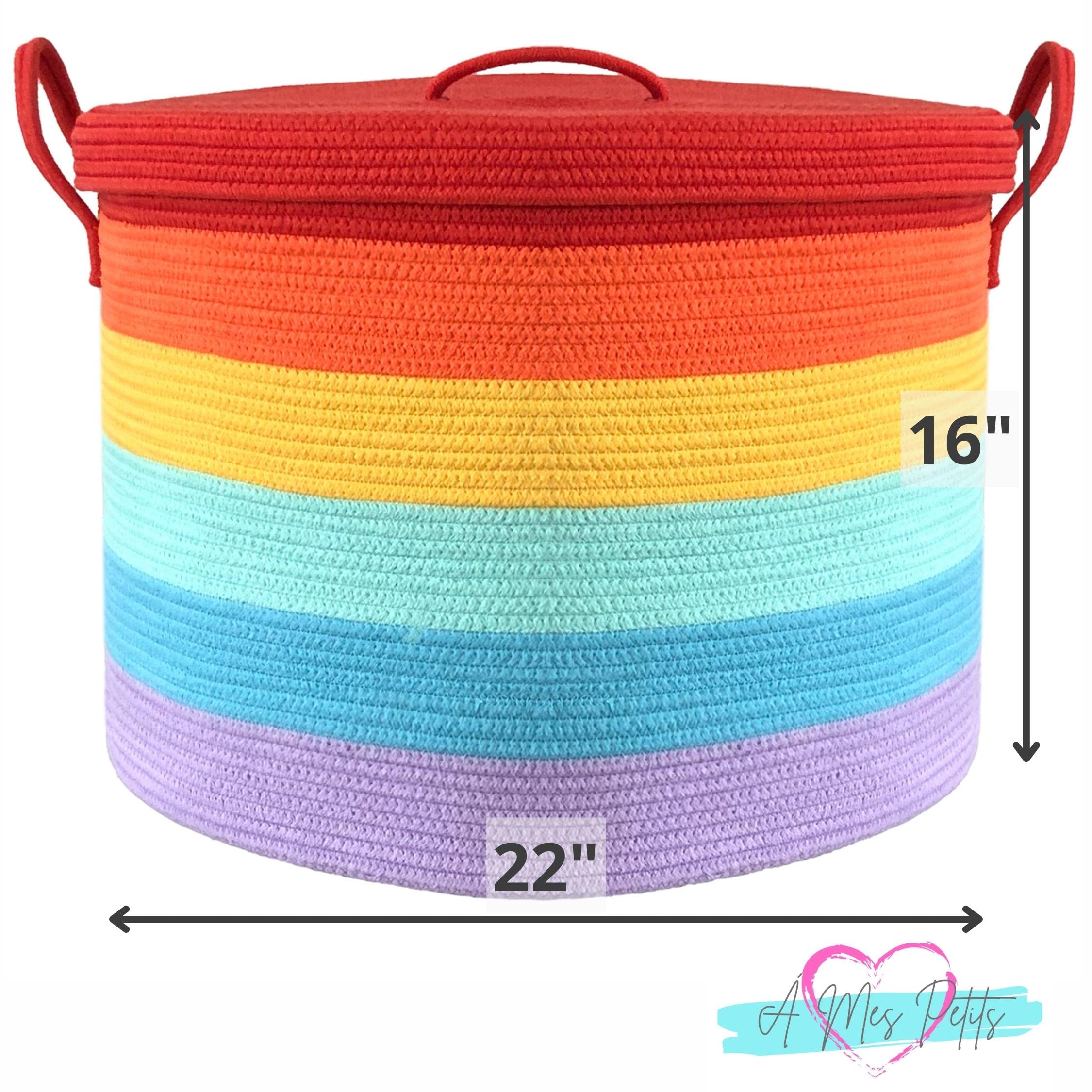 À Mes Petits 22"x16" Rainbow Rope Basket with Lid, Extra Large Rope Basket, Rainbow Basket, Cotton Rope Basket with Lid, Rainbow Decor, Rainbow Classroom Décor, Rainbow Storage