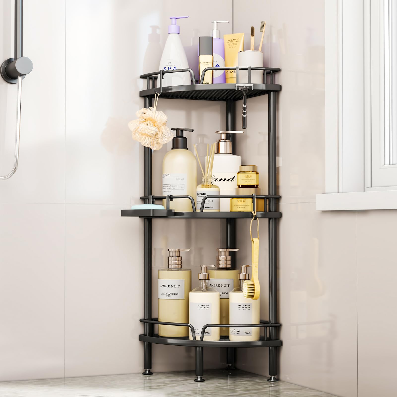 Consumest Corner Shower Caddy Stand - 3 Tier Shower Organizer with Soap Holder, Standing Tall Floor Shower Stand with Adjustable Feet & 4 Hooks, Shower Shelf Rack Storage for Bathroom Black