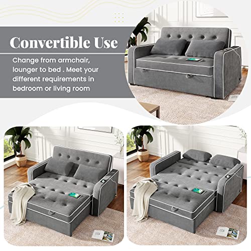 ERYE 3-in-1 Oversized Upholstered Daybed Futon Loveseat W/Pull-Out Sleeper Bed and USB Ports,2-Seaters Sofa & Couch Soft Cushions Love Seat Convertible Full Size Sleep Sofabed for Living Room, Gray