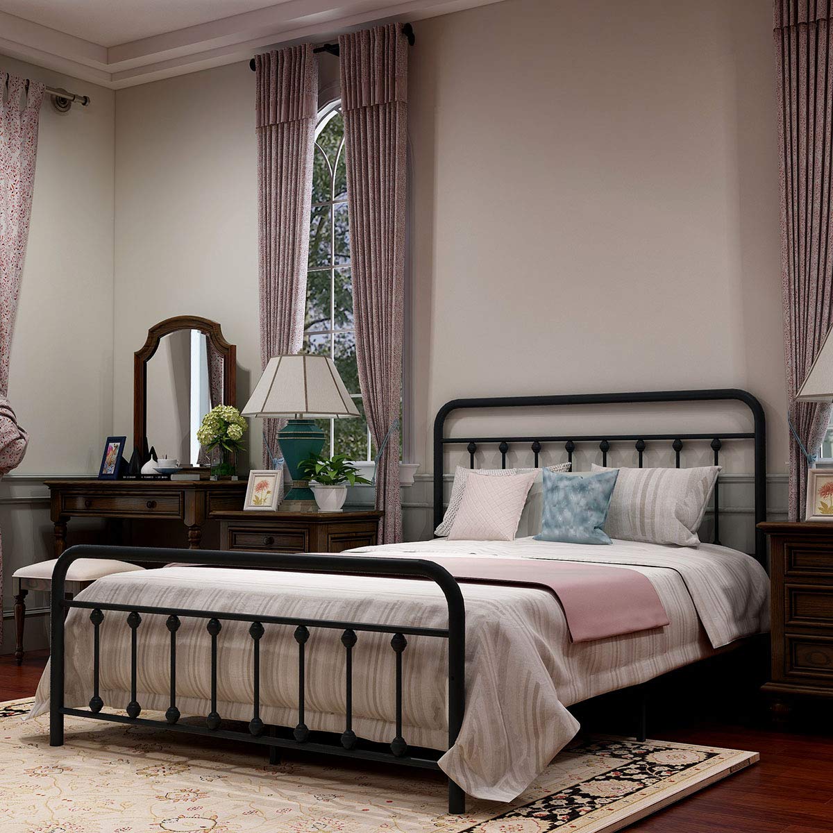 AUFANK Metal Bed Frame Full Size Victorian Vintage Style Headboard Footboard No Box Spring Needed Heavy Duty Steel Slat Mattress Foundation Black