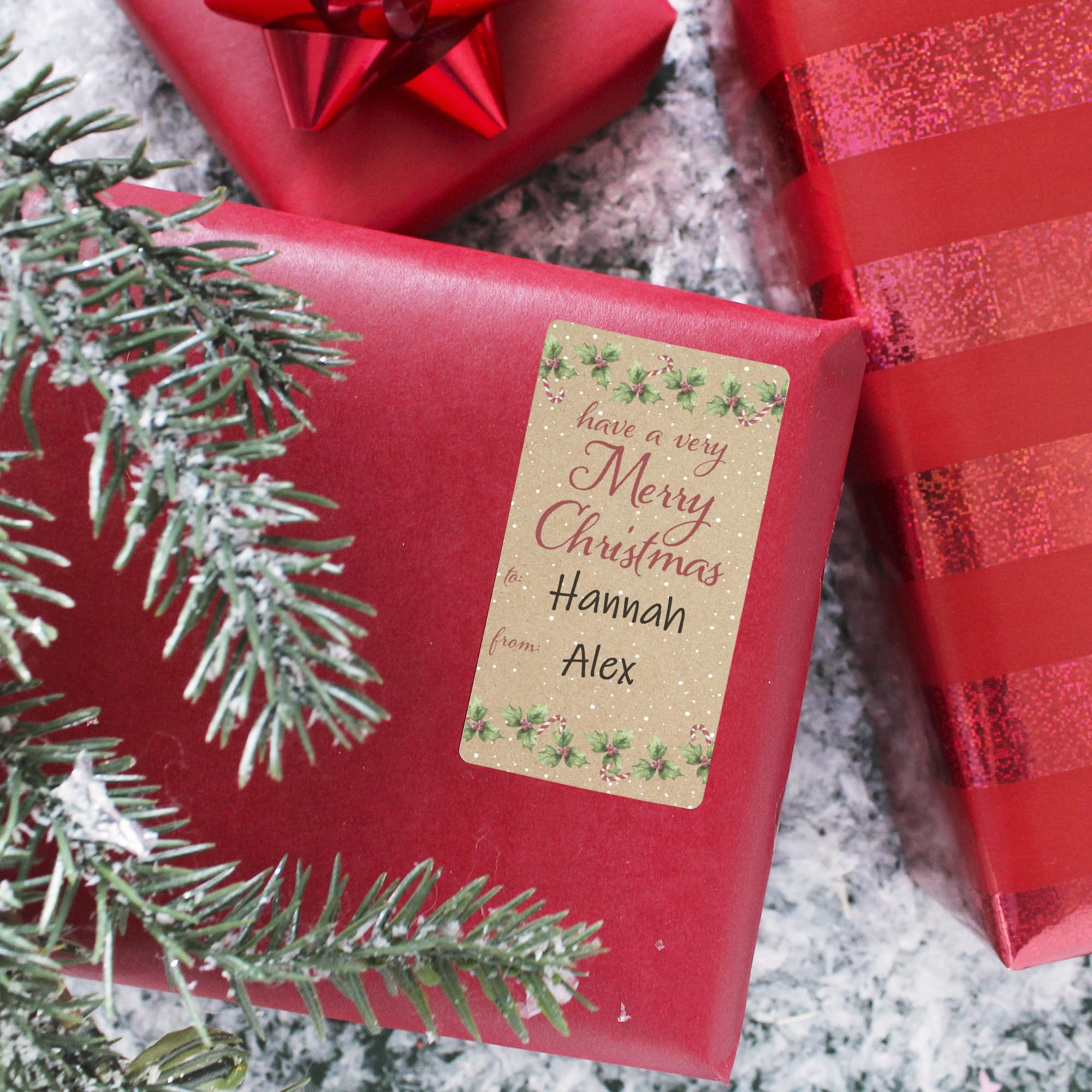 Greenery Christmas Gift Tags, Self-Adhesive Holiday Gift Wrap Tags on Kraft, Peel and Stick Christmas Gift Tags - 75 Count