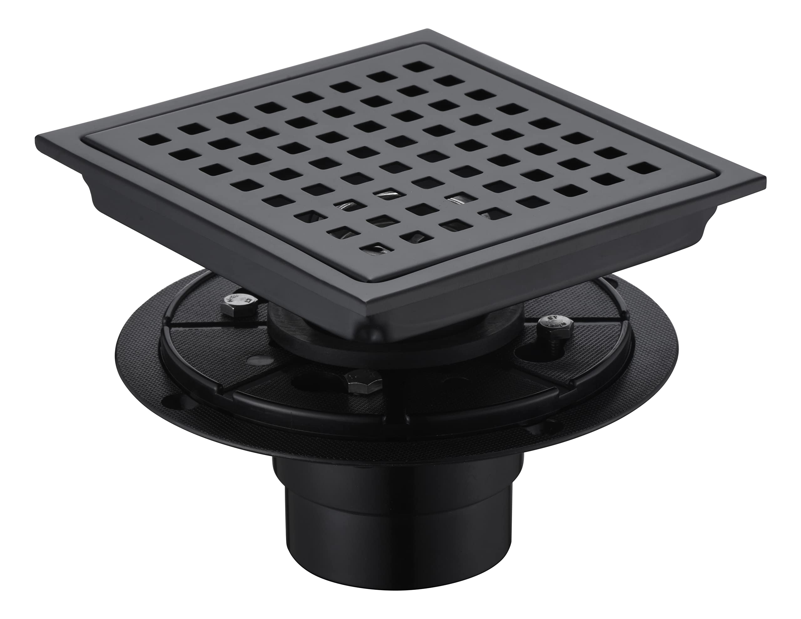 BIHAI 6 Inch Square Shower Drain with Flange, 15cm Matt Black Bathroom Floor Drain, Quadrato Pattern Grate Removable Cover, Bath Drain, Wall Drain, Stainless Steel Drain (Mat Black)