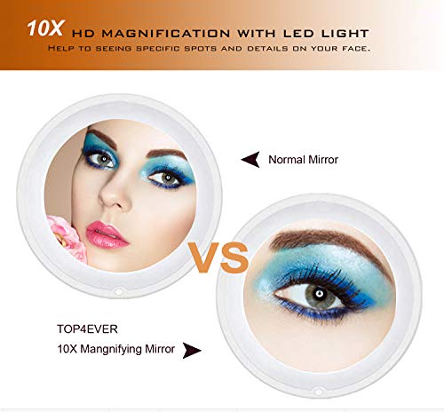 TOP4EVER Flexible 10X Magnifying Suction Mirror, Dimmable LED Lighted Vanity Mirror,Power Locking Suction Cup with Day Light and 360 Degree Swivel, Portable Vanity Mirror for Home Bathroom